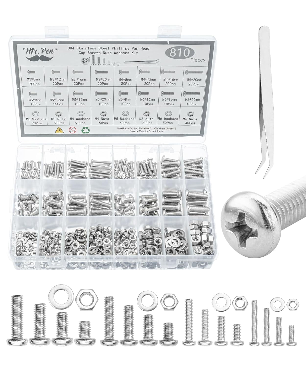 Mr. Pen- Nuts and Bolts Assortment Kit, 810 pcs, Stainless Steel M3 M4 ...