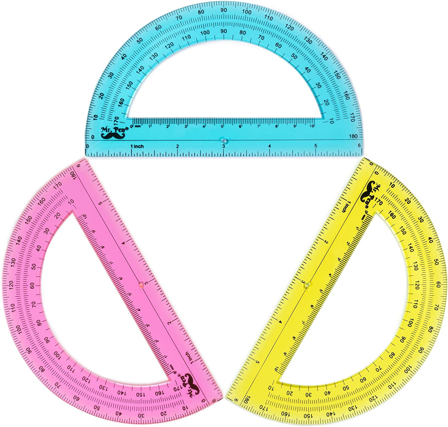 Mr. Pen- Plastic Protractors, 3 Pack, 6 Inch, 180 Degrees, Colorful ...