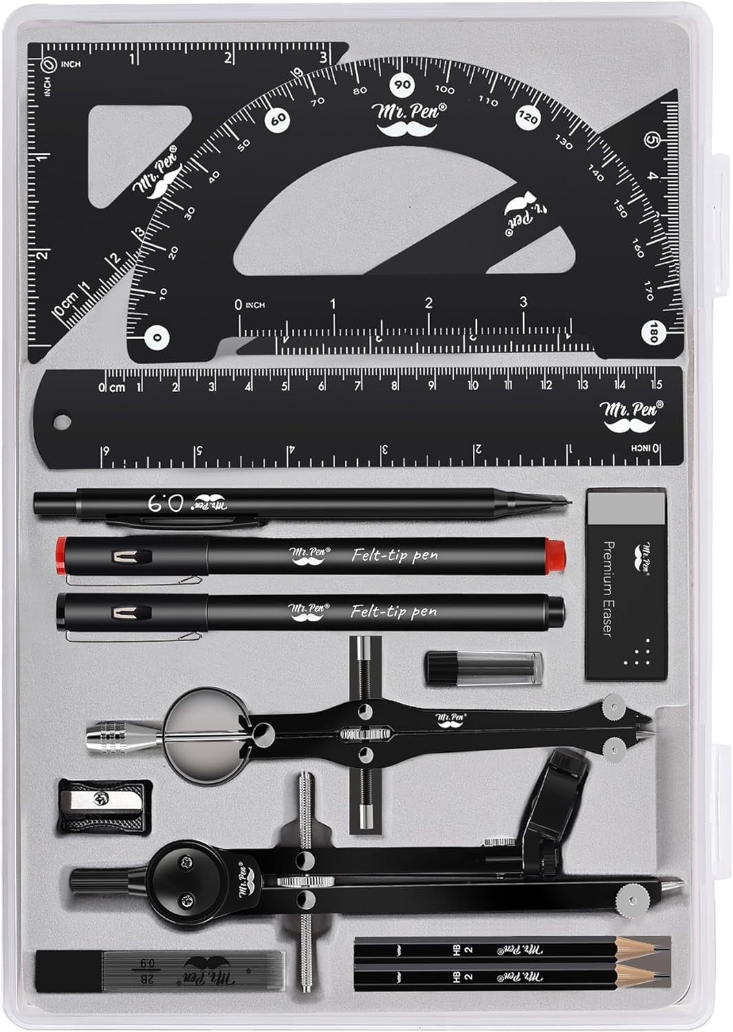 Mr. Pen- Professional Geometry Set, 15pcs, Black Geometry Kit for ...