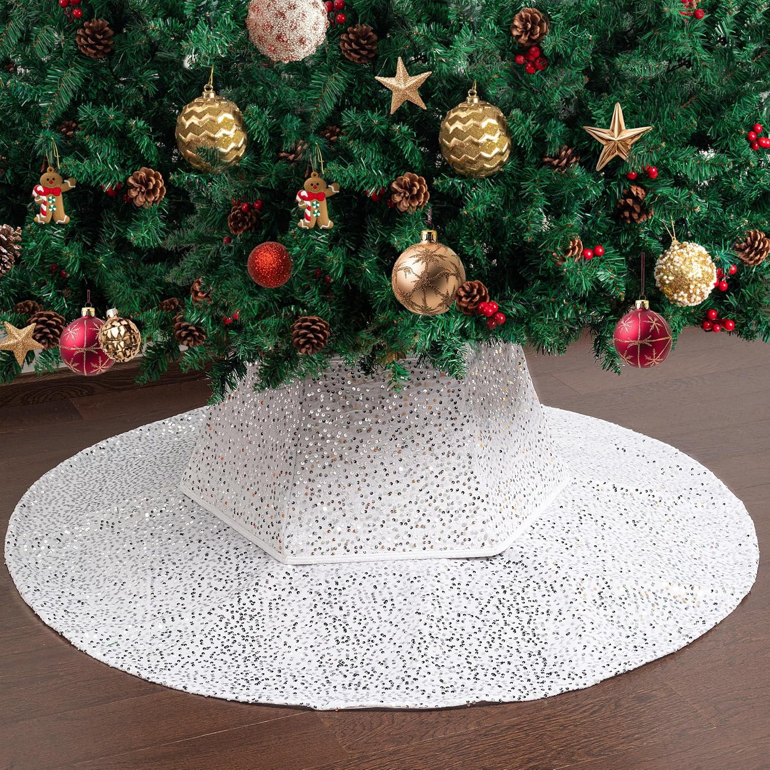 Mr. Pen- Silver Sequin Christmas Tree Skirt and Tree Collar, 36 Inch ...
