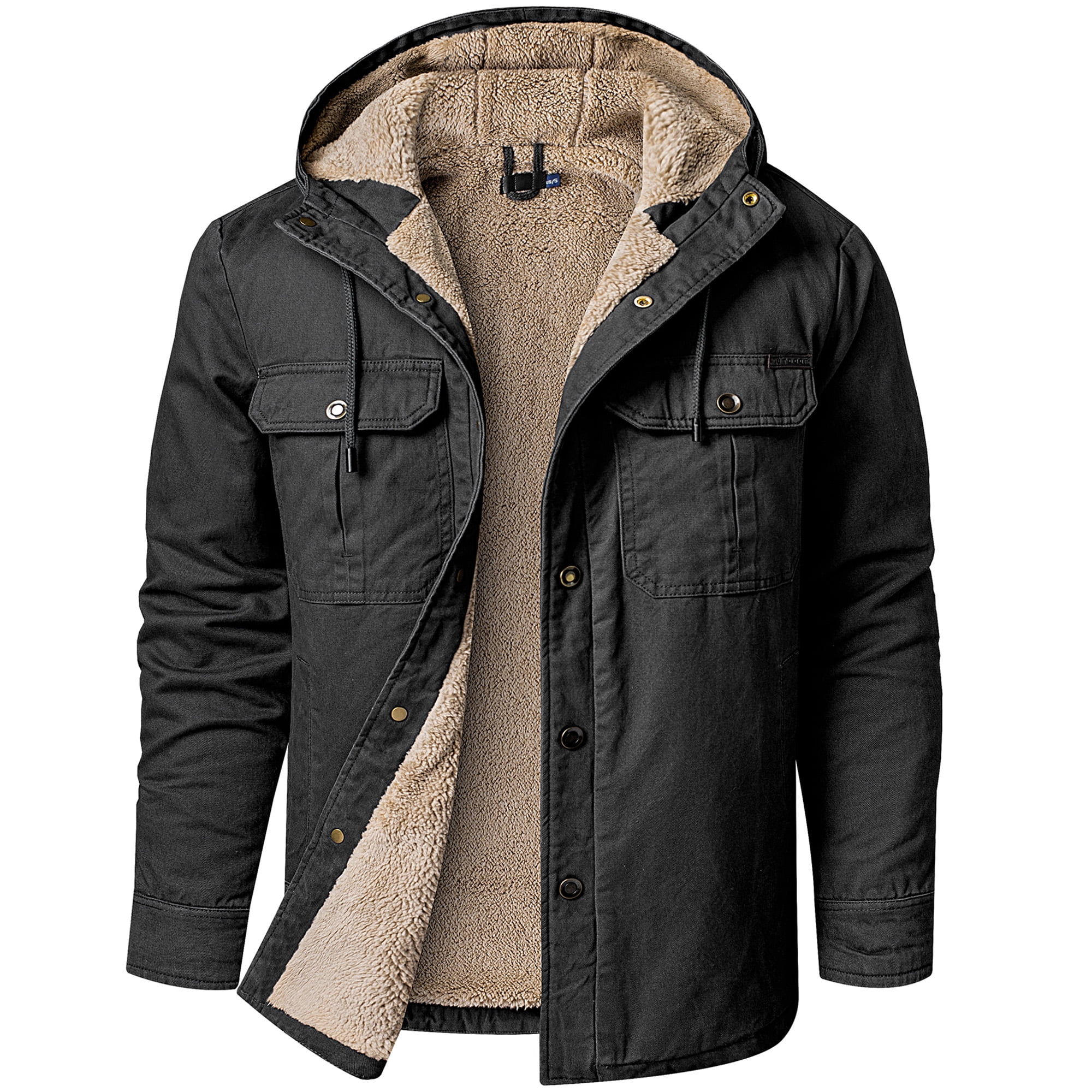 Mr.Stream Men's Hooded Coat Casual Sherpa Lined Fleece Snap Work Jacket 3255 Black S - Walmart.com