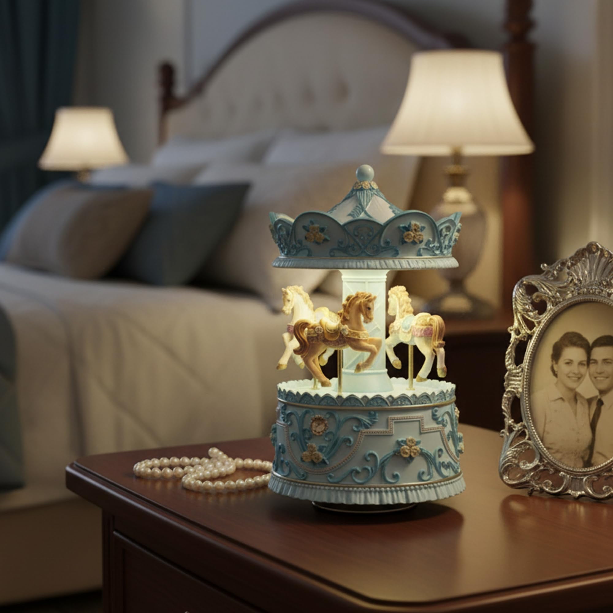 Mr.Winder Elegant Blue Carousel Music Box,Handcrafted Rotating Horses ...