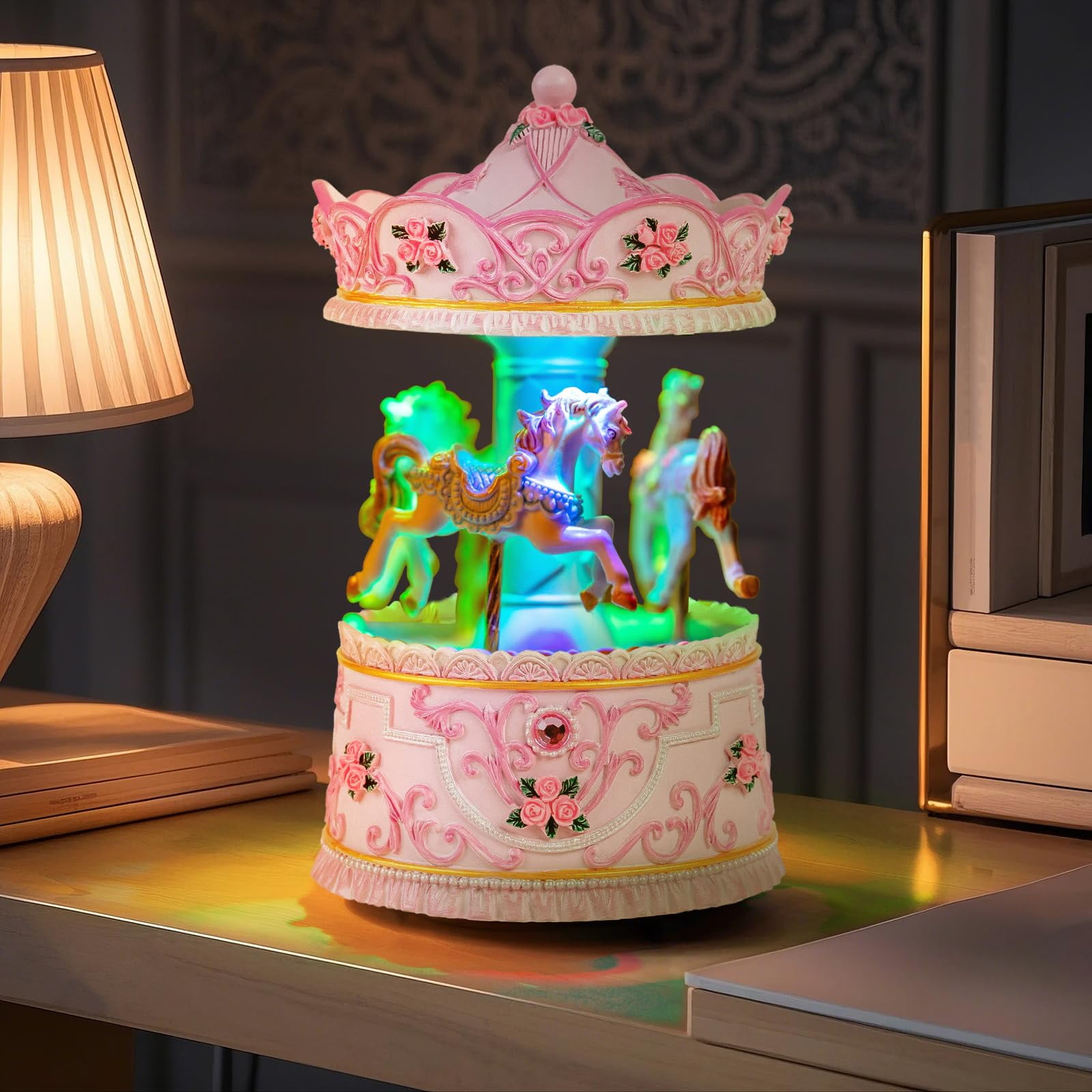 Mr.Winder Enchanting Pink Carousel Music Box with LED Lights, Plays ...