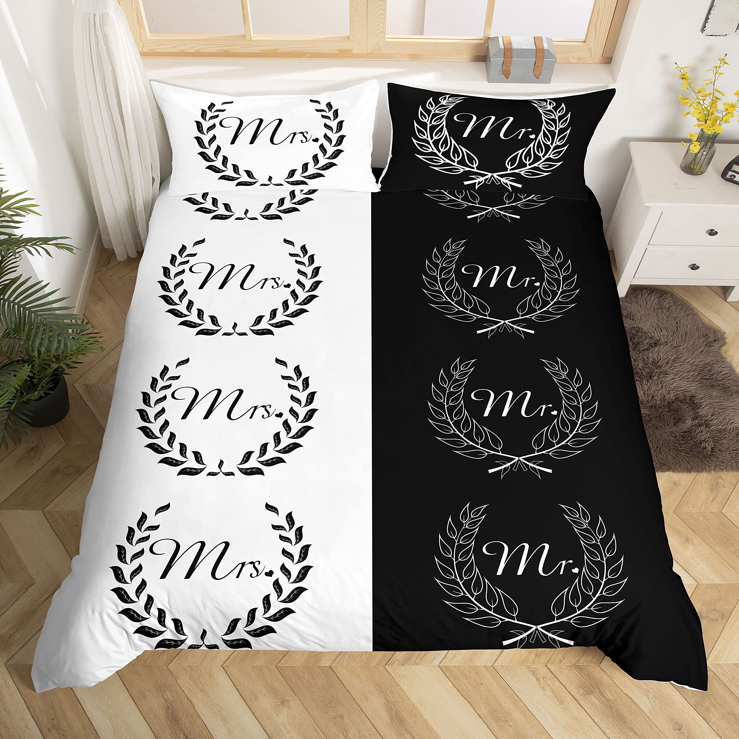 Mr and Mrs Duvet Cover Set King Black Love and Gold Bedding Set for ...