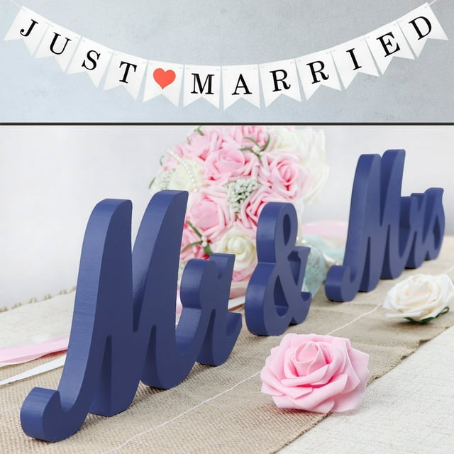 Dark blue Mr and Mrs Signs with Just Married Banner, Wooden ...