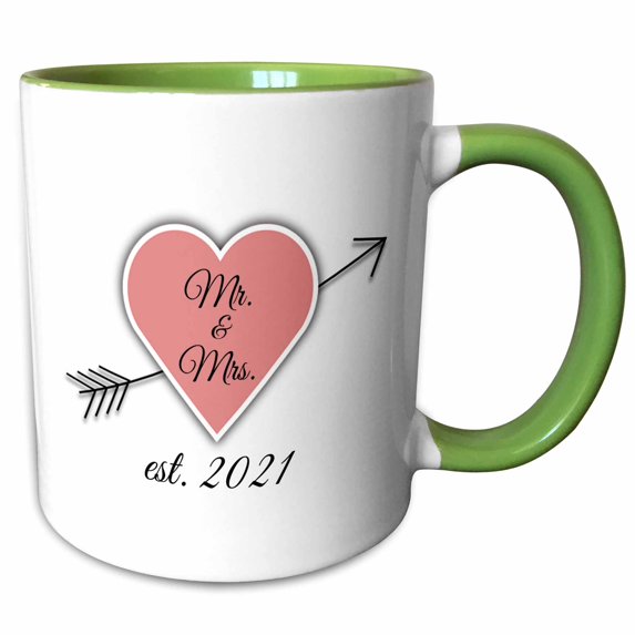 Mr. and Mrs. inside a pink heart with arrow est 2021 on white. 15oz Two ...