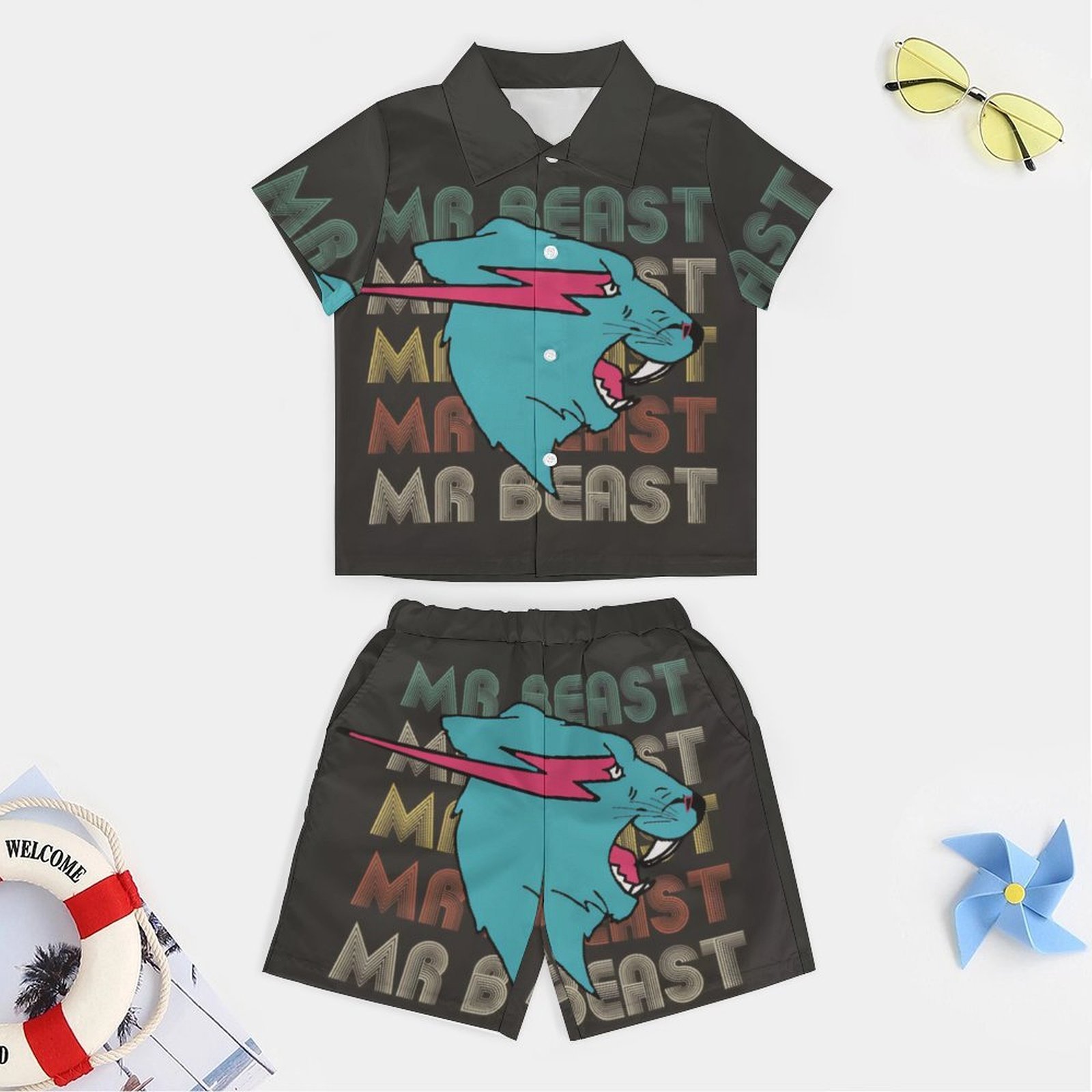 Mr-be=ast Kids Hawaiian Button Down Shirt and Short Set Beach Shirts ...