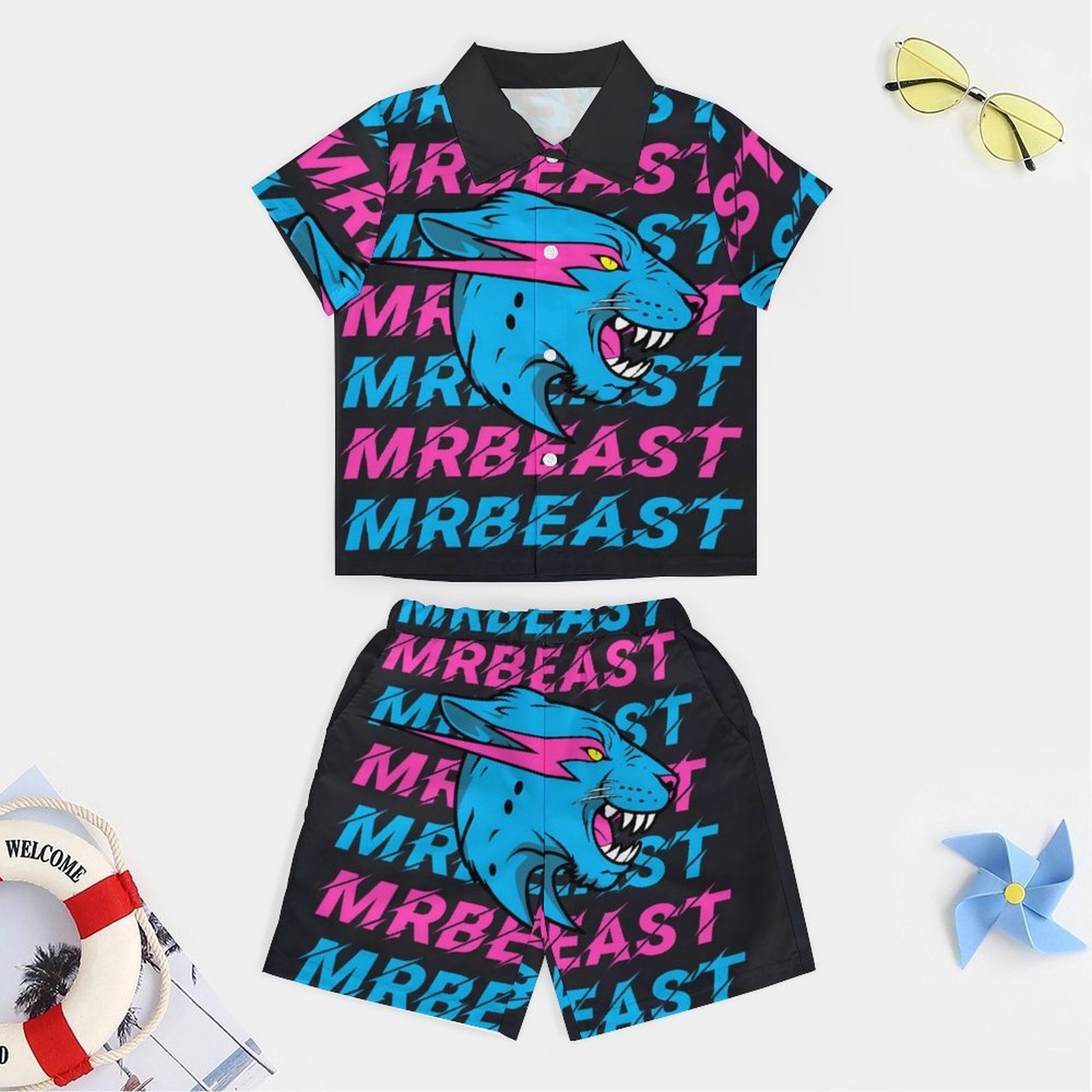 Mr-be=ast Kids Hawaiian Button Down Shirt and Short Set Beach Shirts ...