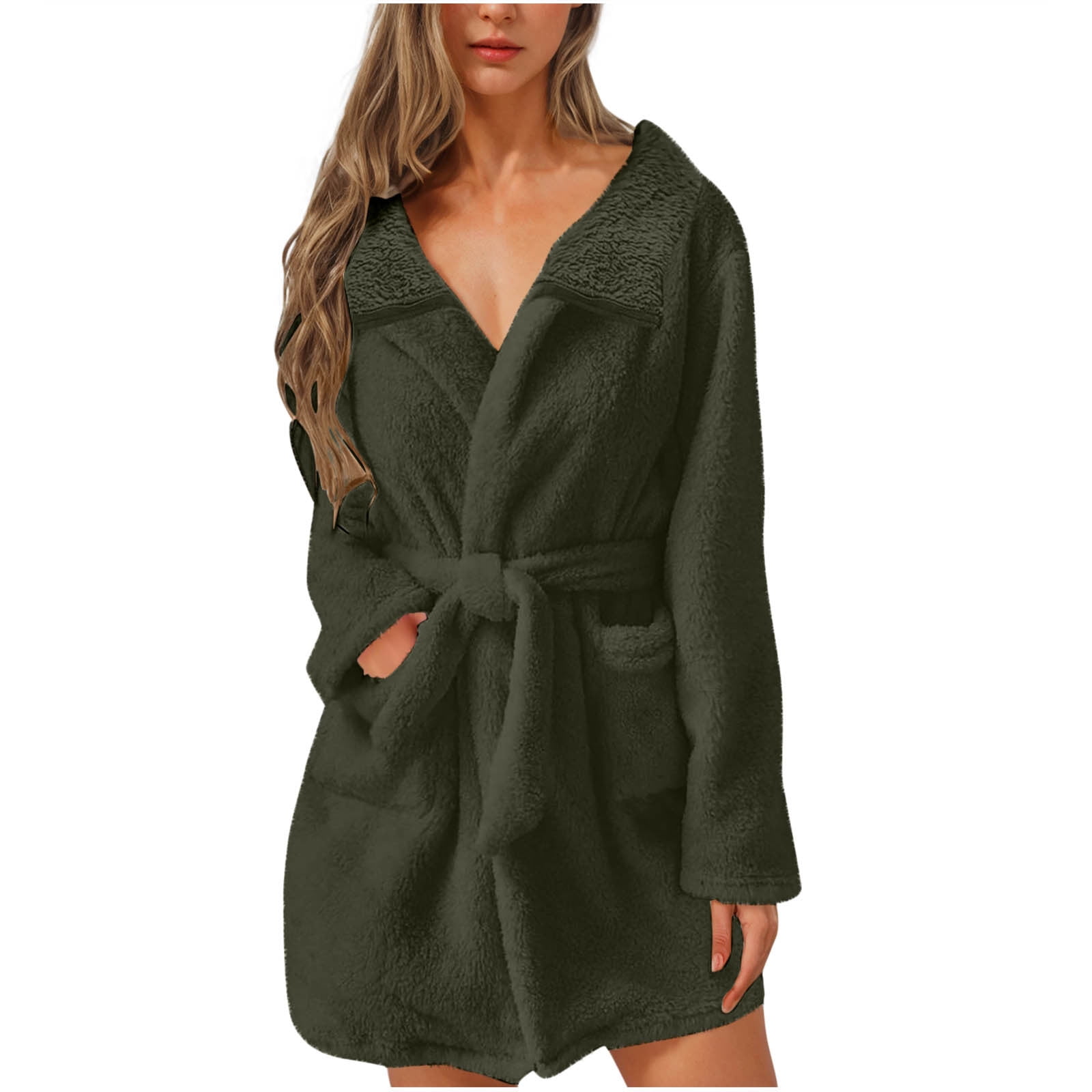 Mrasaso Womens Fuzzy Robe Mid Length Bathrobe Belted Soft Bath Robes ...