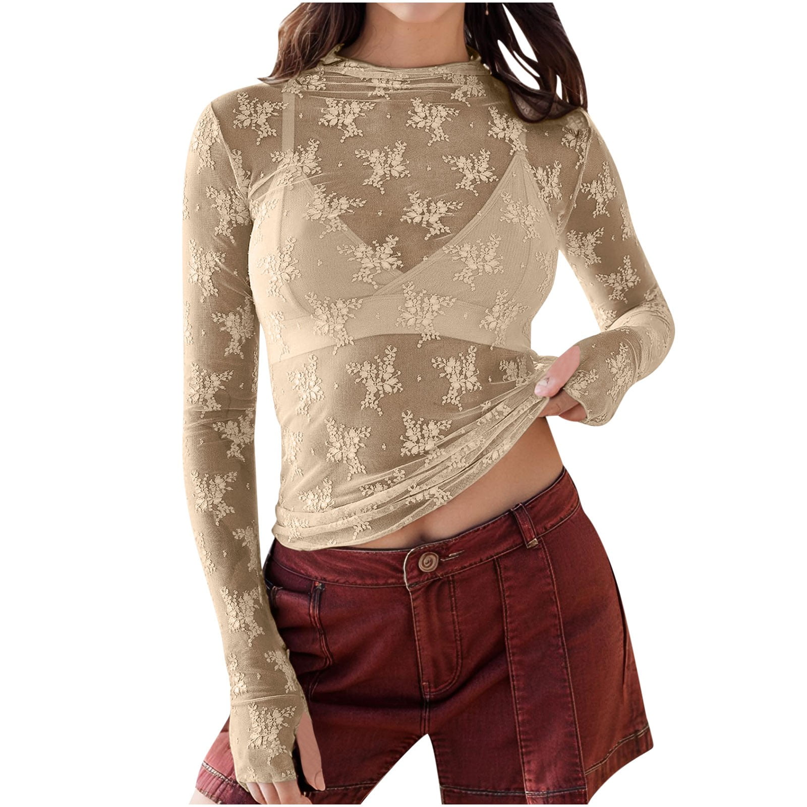 Mrasaso Womens Mesh Long Sleeve Tops Crew Neck Sexy See Through Tee Shirts Lace Blouse