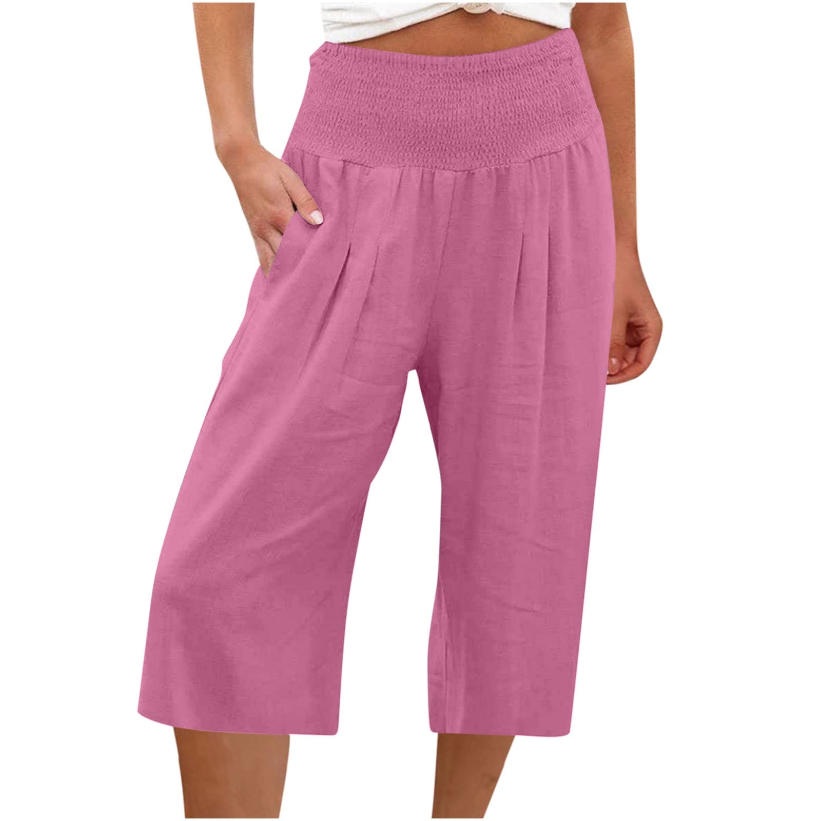 Mrat Elastic Waist Capris for Women Casual Summer Wide Leg Cropped ...