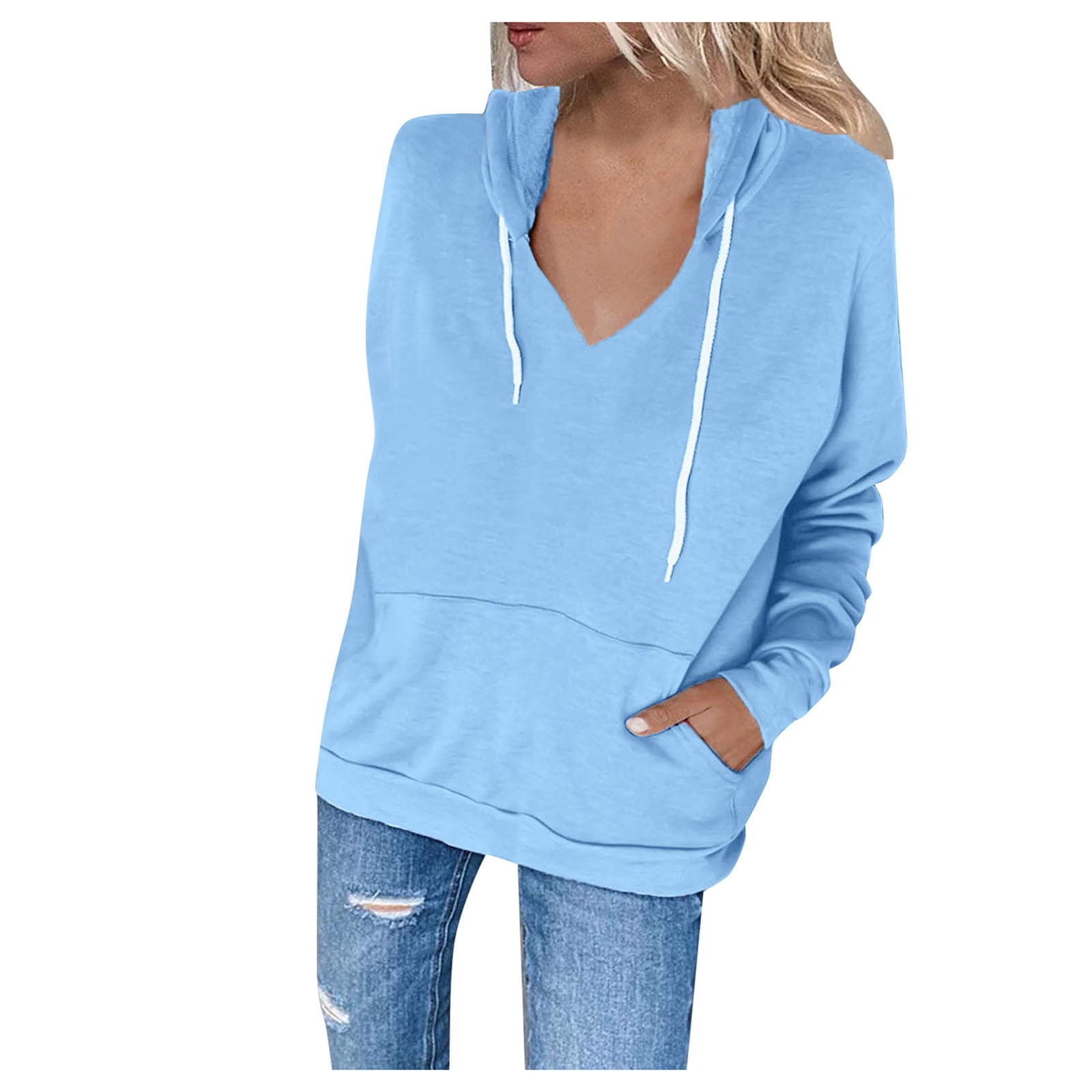 Mrat Hoodies for Women V Neck Long Sleeve Sweatshirts Casual Pullover ...