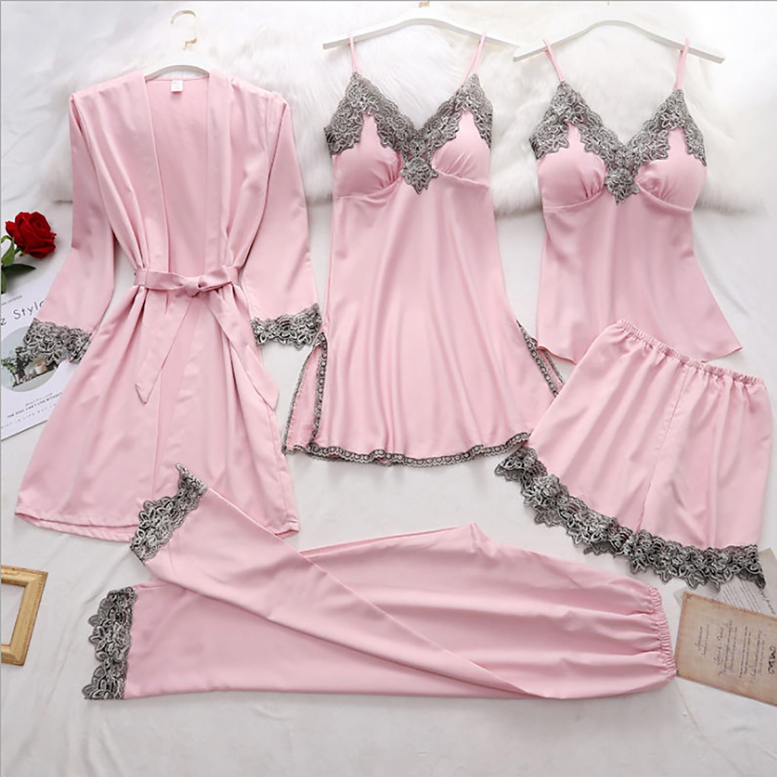 Mrat Pajama Sets Sleepwear Pajamas Short Sleeve 5-Piece Ladies Garter ...