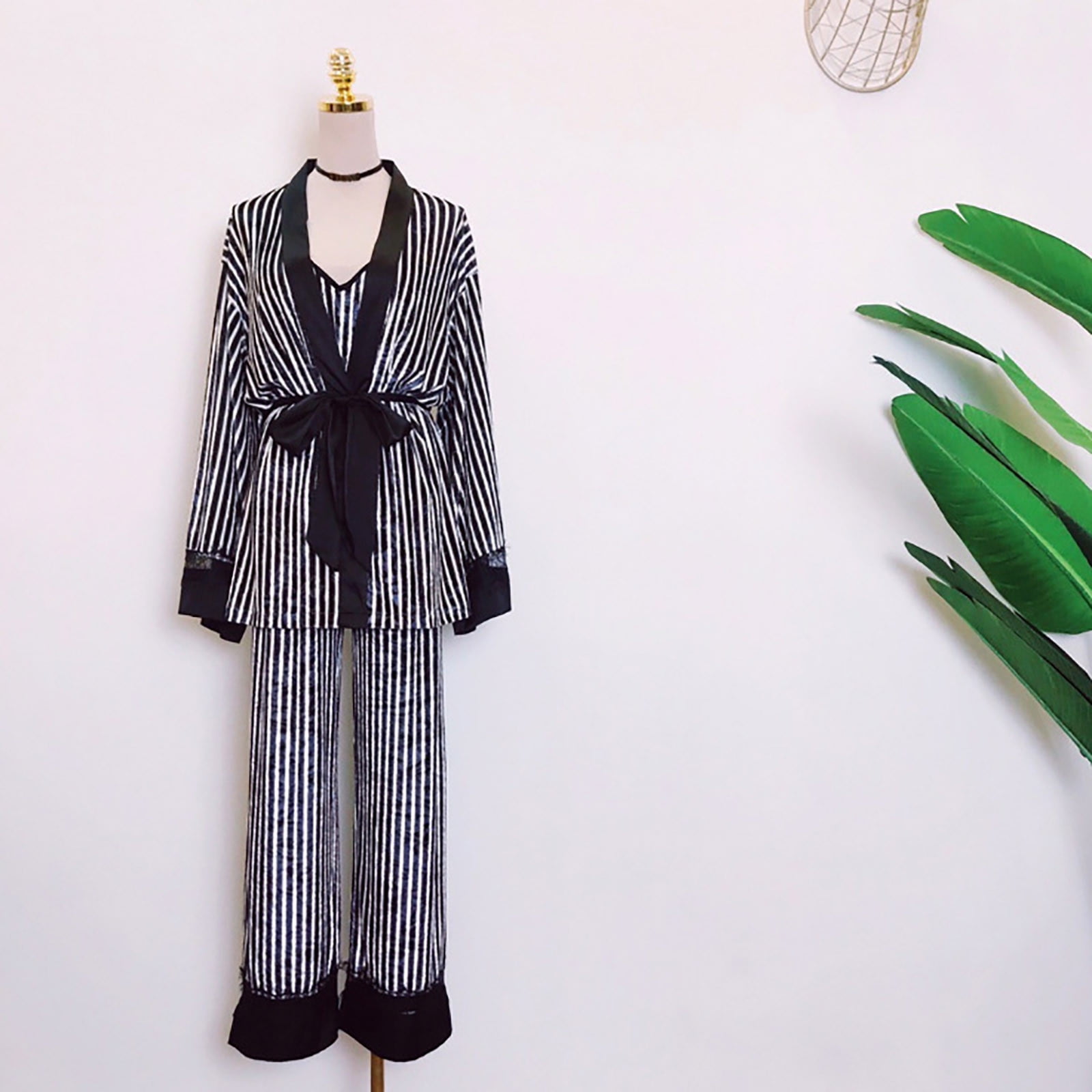 Mrat Pajama Sets Sleepwear V Neck Pajamas Set Ladies Belt Striped ...