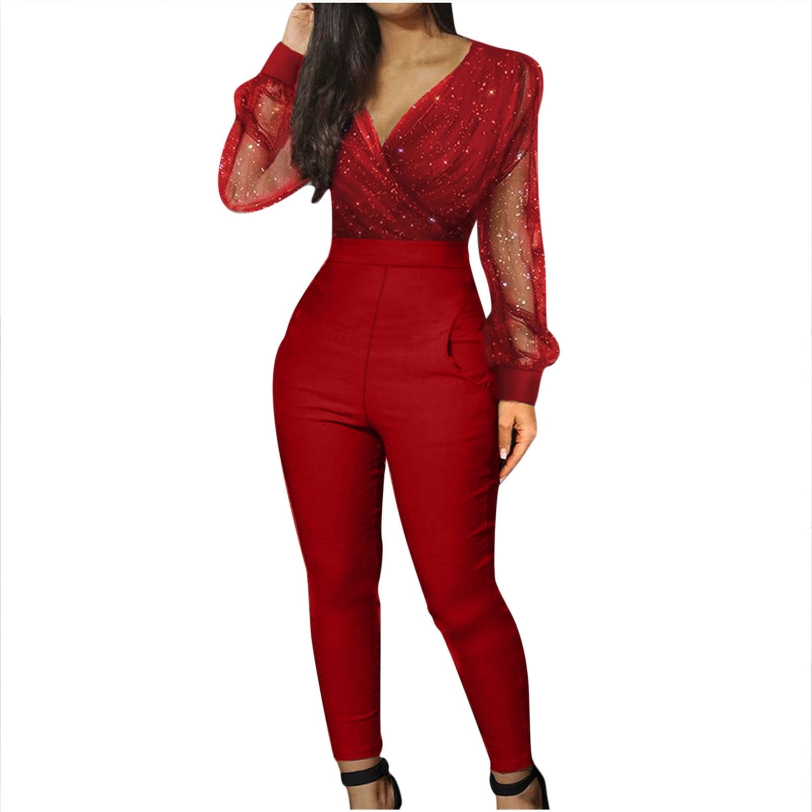 Mrat Rompers Plus Size Women's Long Sleeve Casual V-Neck Sheer Mesh ...