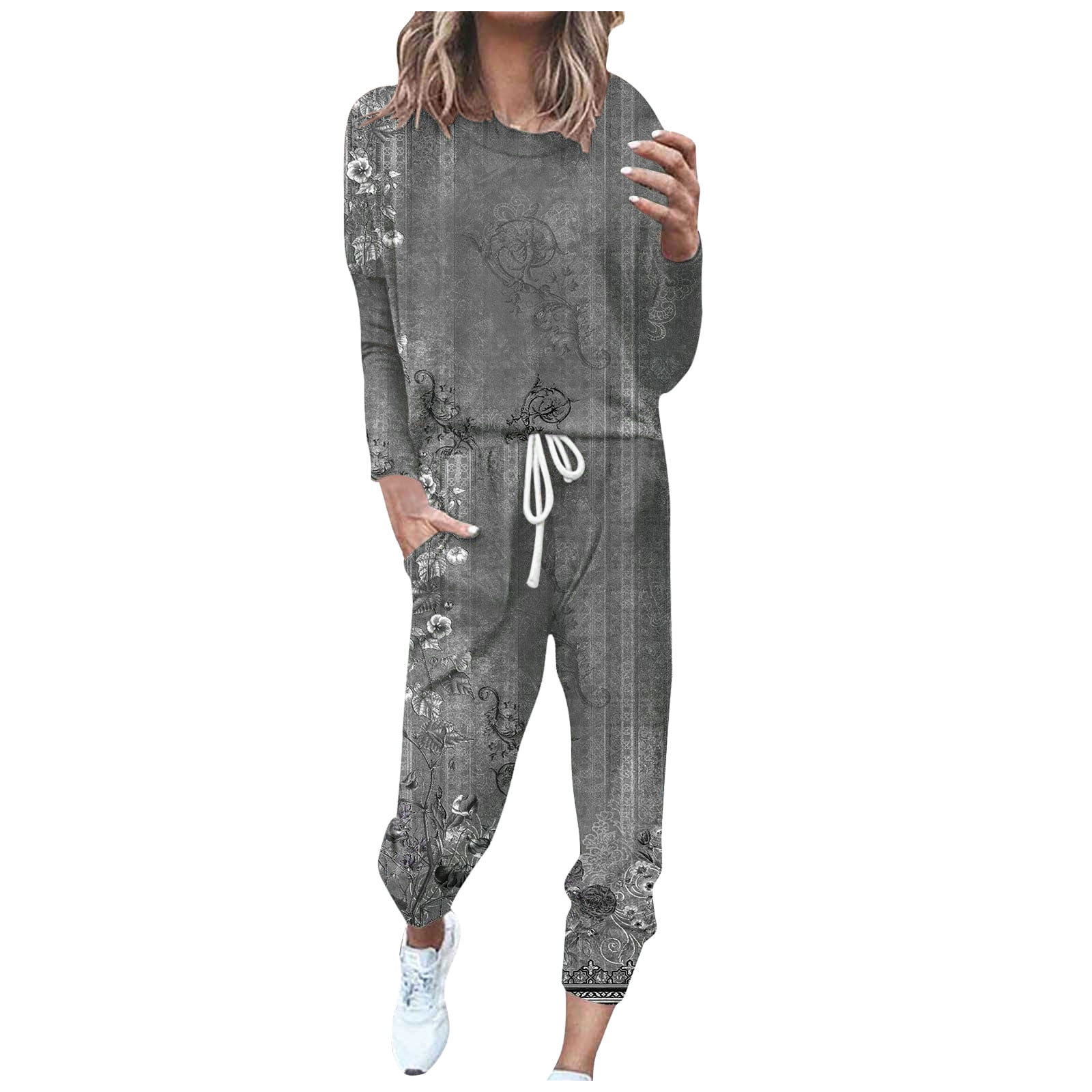Mrat Sports Suit Set Women Loose Two-Piece Sets Solid Long Sleeve Tops ...