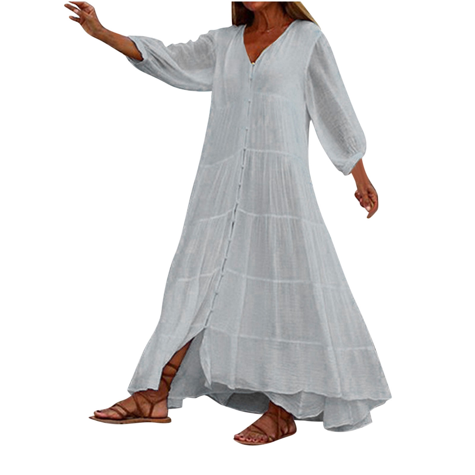 Women Linen Button Dress Long Sleeve Shirt Dress V Neck Tiered Casual ...