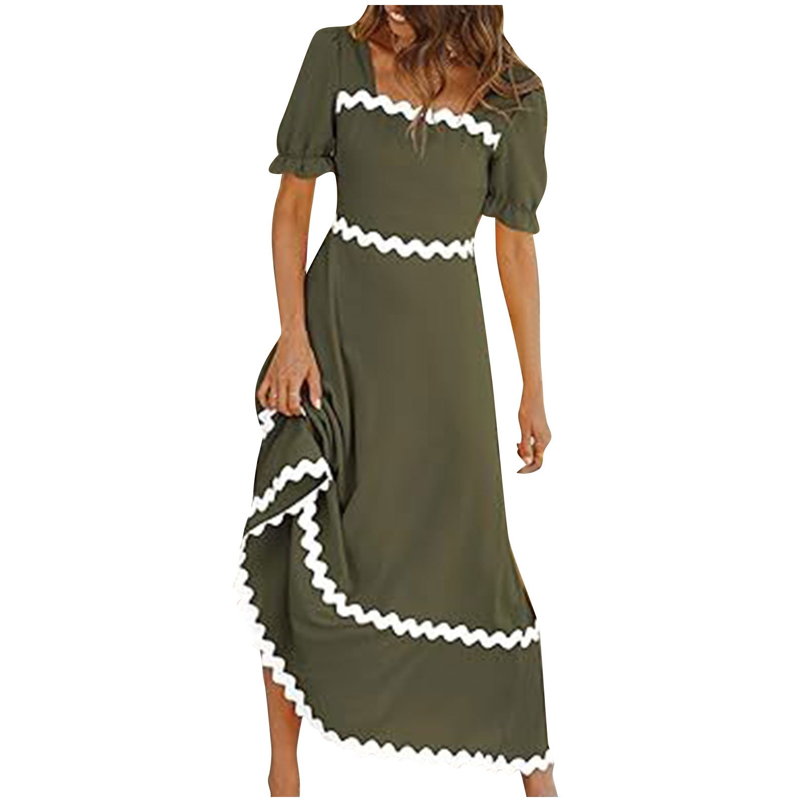 Mrat Women's 2024 Short Sleeve Sundress Smocked Lace Flowy a Line Dress ...