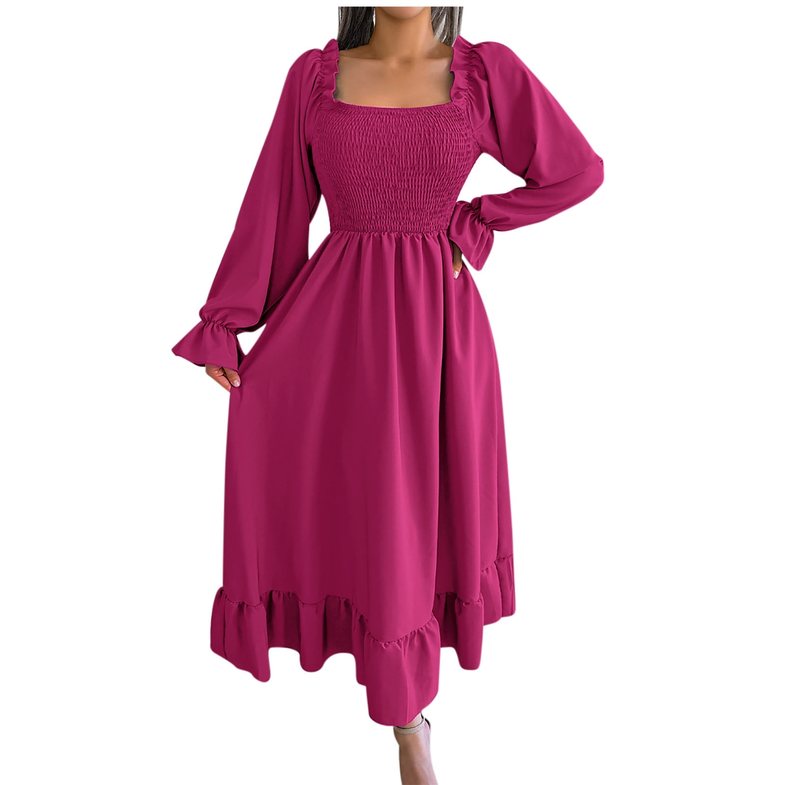 Mrat Women's Boho Long Dress Squares Neck Smocked Long Lantern Sleeve ...