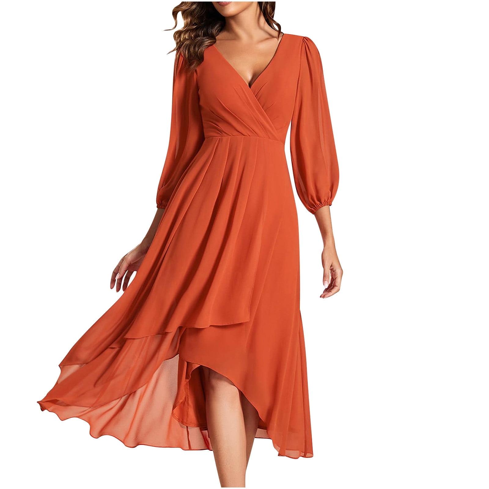 Mrat Women's Chiffon Midi Dress V Neck 3/4 Sleeve Pleated Dress ...