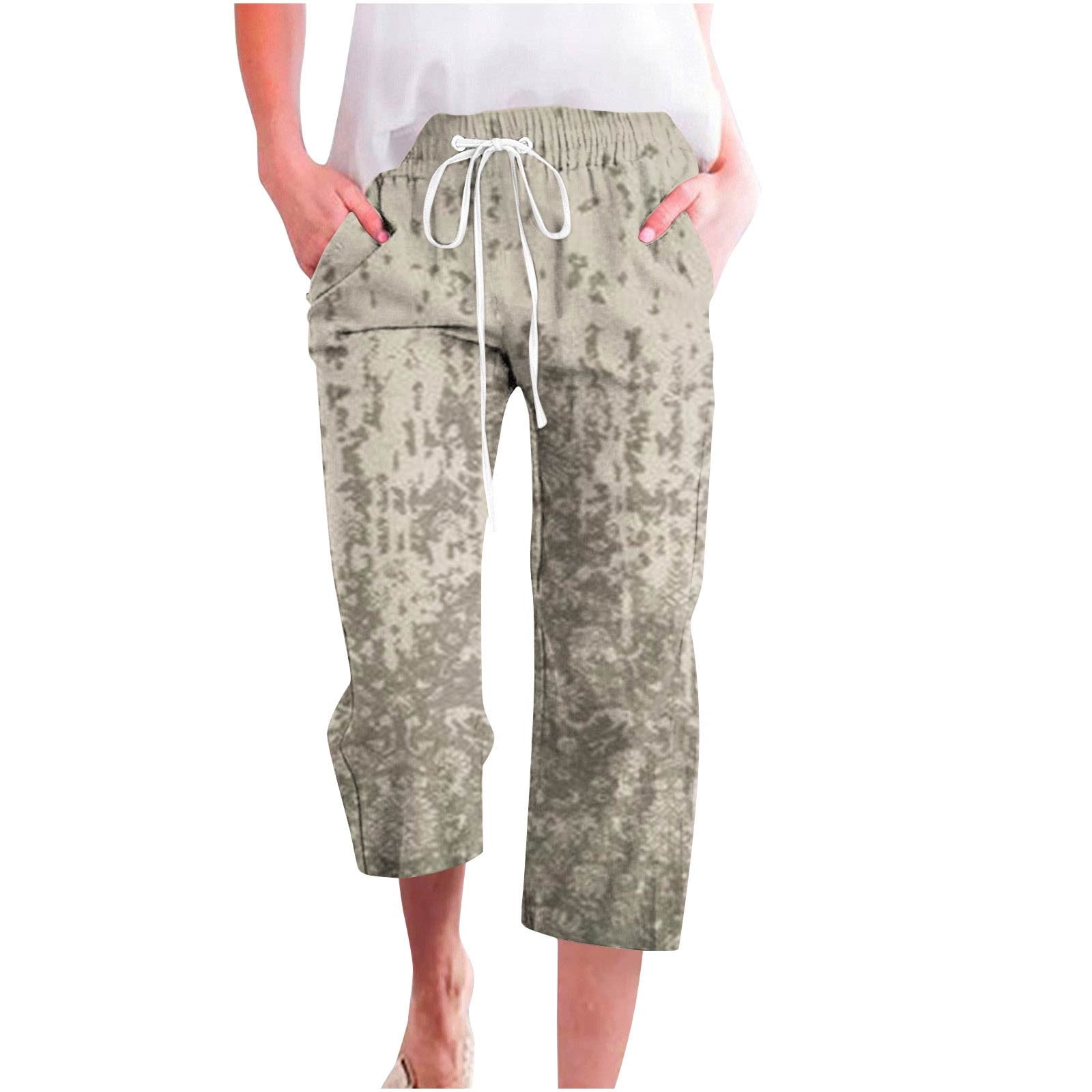 Mrat Womens Cropped Pants Cotton Wide Leg Straight Loose Elastic Capris Pants Casual Summer