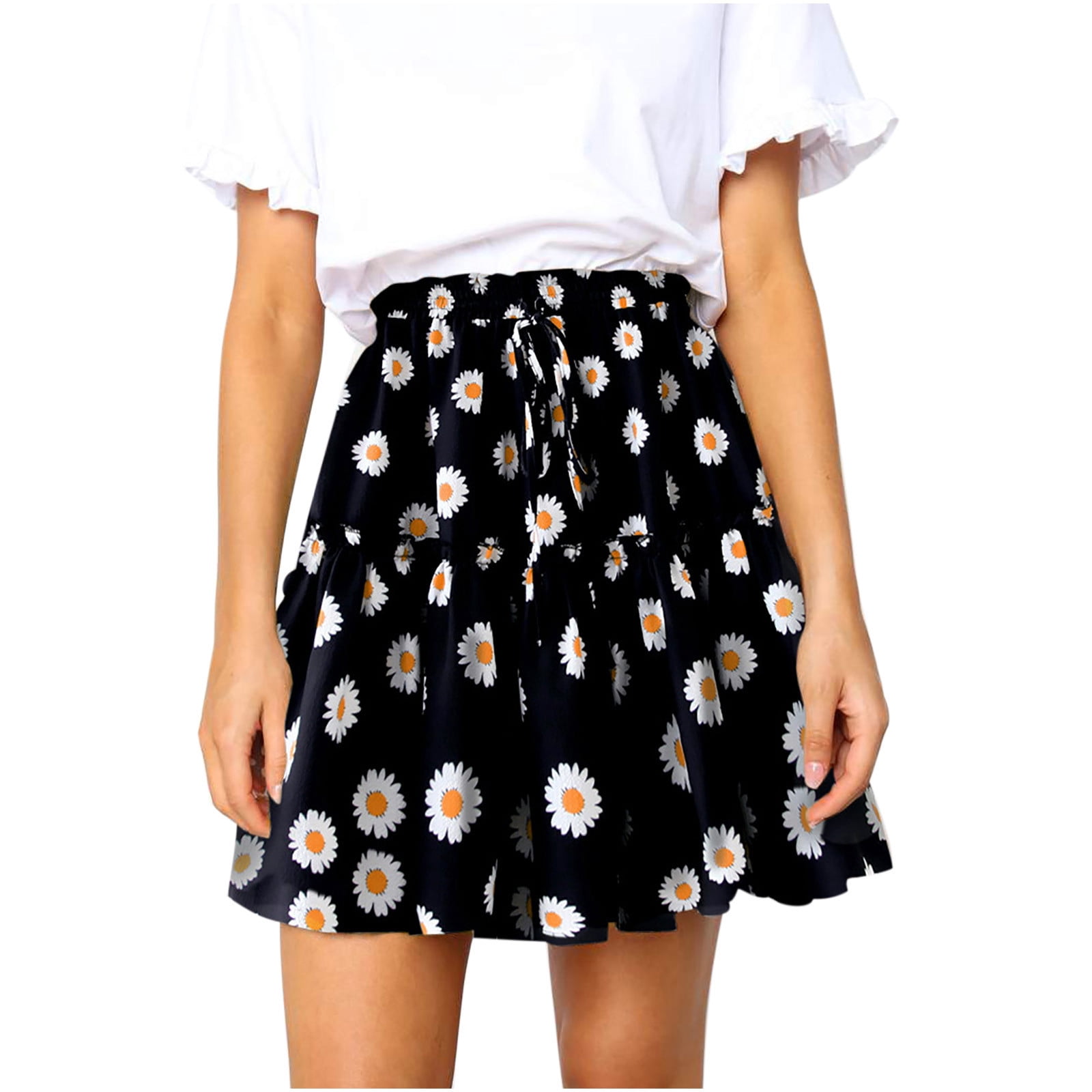 Mrat Women's Floral Print High Waist with Drawstring Ruffle FlaRed-A ...