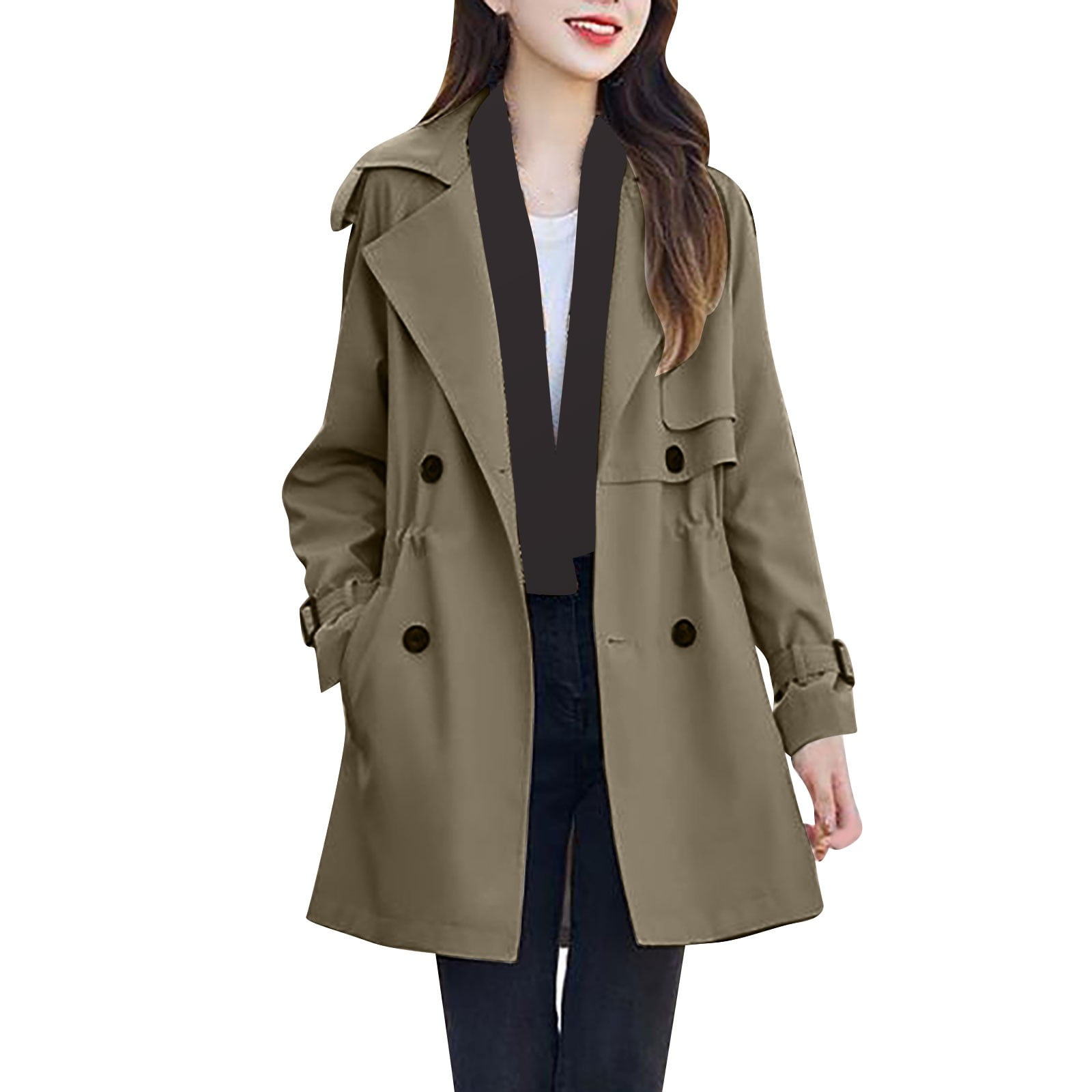 Mrat Women's Trench Coat Double-Breasted Classic Lapel Overcoat ...