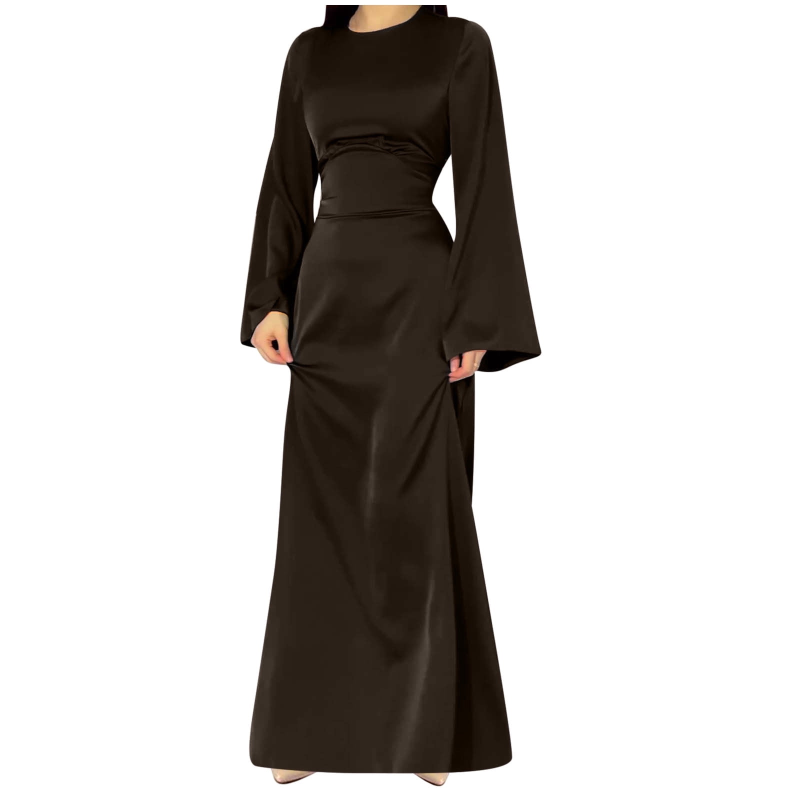 Mrat Womens Elegant Satin Party Dresses Bell Long Sleeve Cocktail Maxi ...