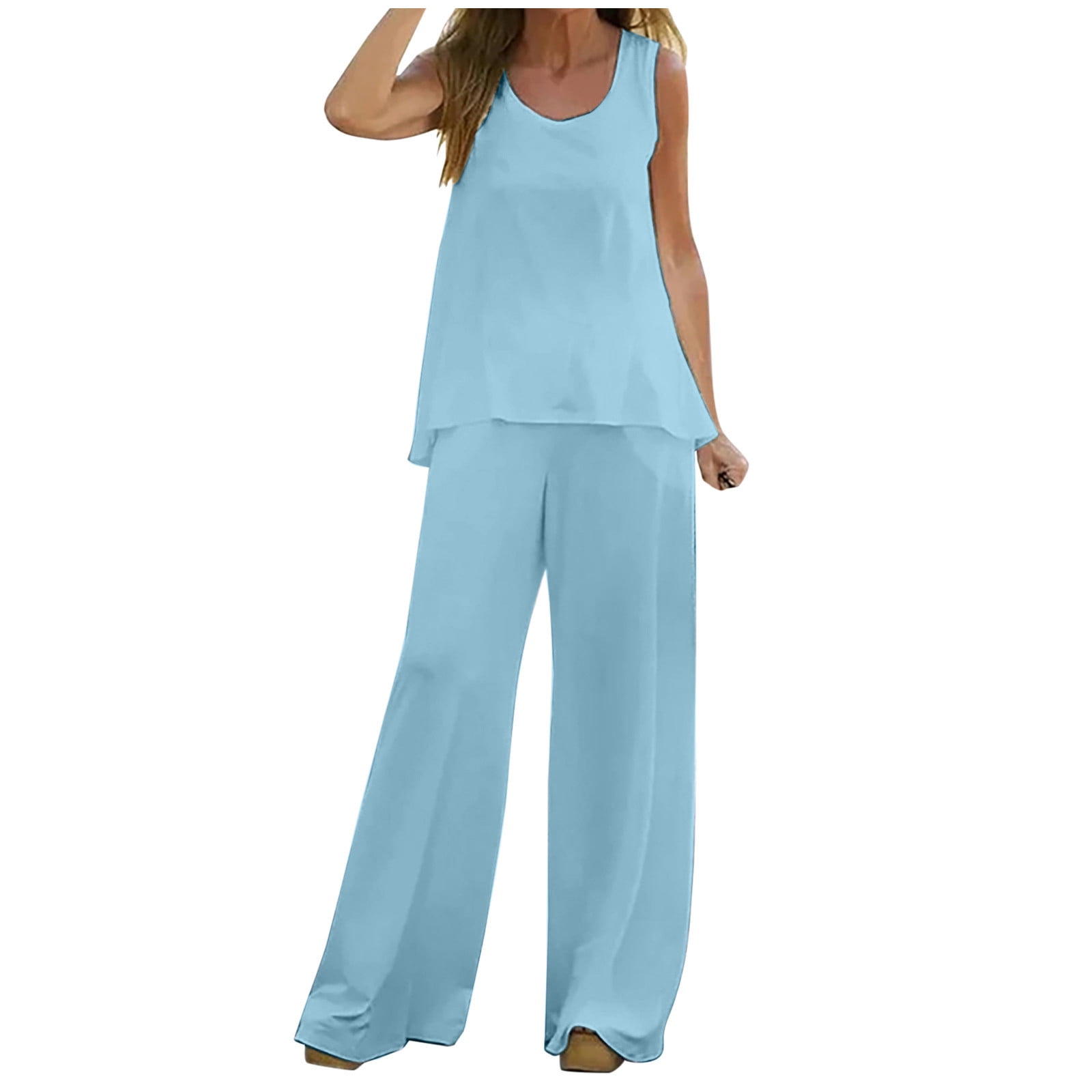 Mrat Womens Outfits Sleeveless V Neck Tank Tops Wide Leg Pants Casual ...