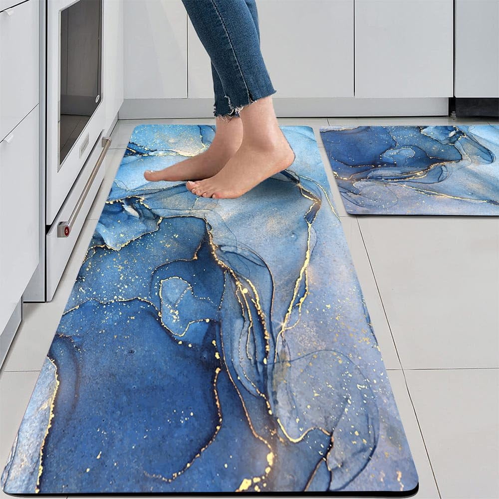 Mrcrypos Set of 2 Blue and Gold Marble Kitchen Mats PVC Leather ...