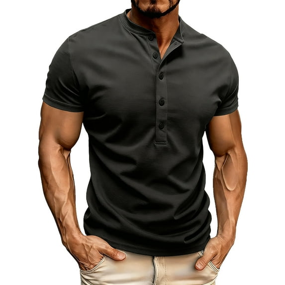 Mrmaere Men's Short Sleeve Stand Collar Top Multi-Button Closure Form ...