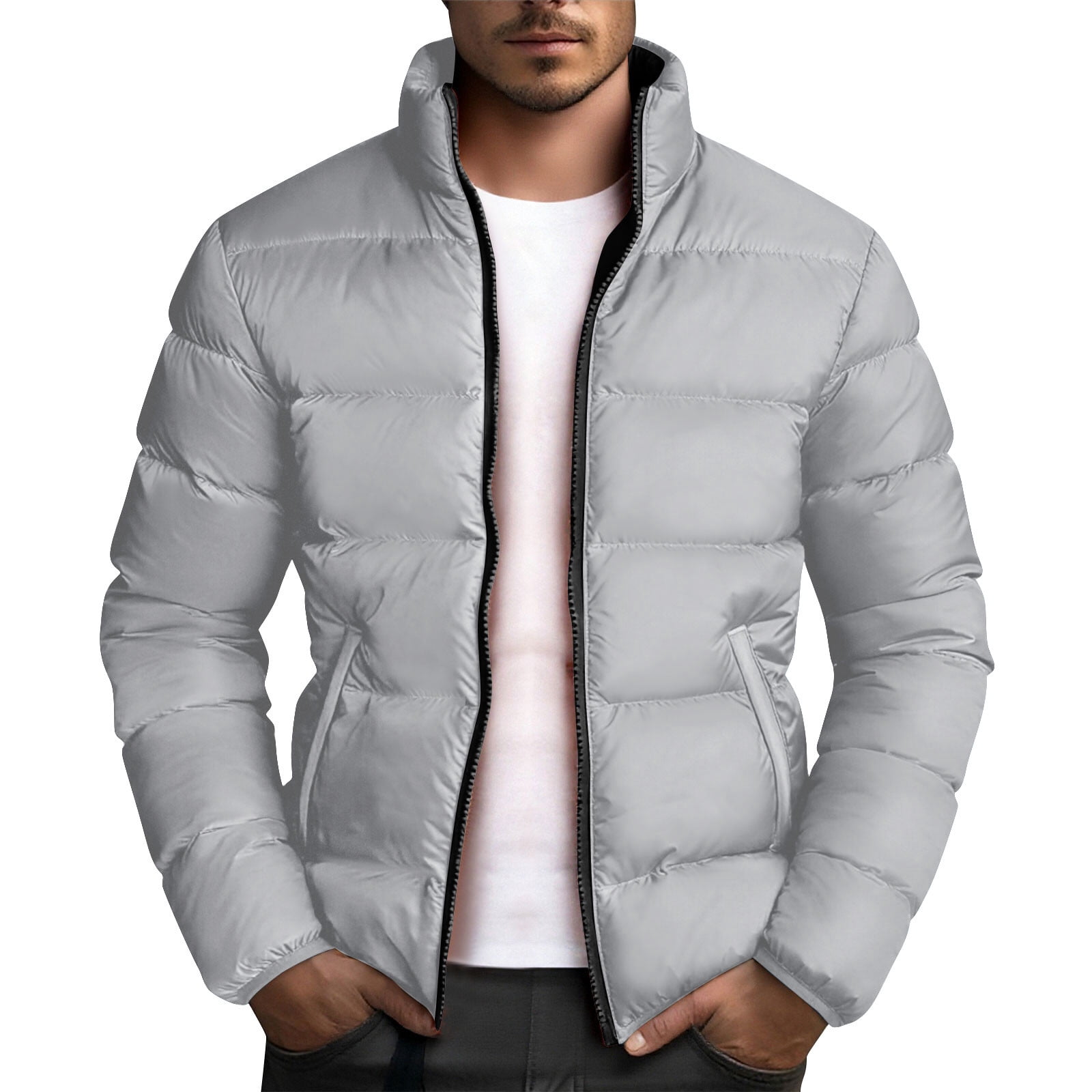 Mrmaere Men's Stand Collar Puffer Jacket Contrast Zipper Warm Insulated ...