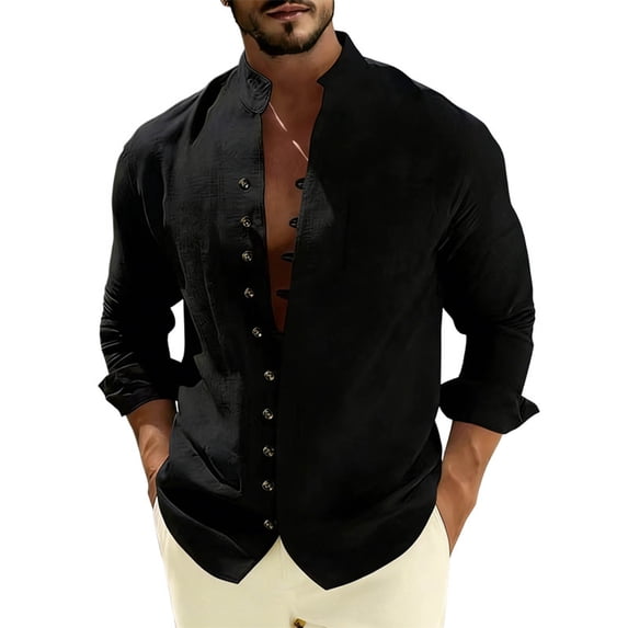 Mrmaere Men's Top Stand Collar Long Sleeve Button With Pockets Solid ...
