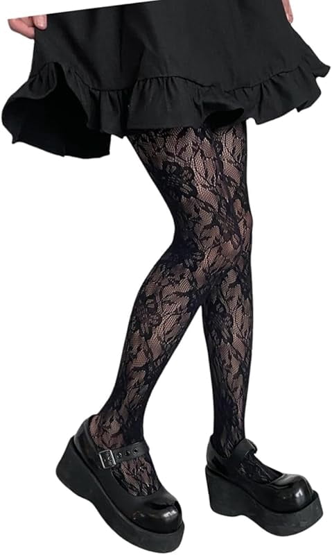 Mrotrida Women's Floral Patterned Fishnet Tights Y2k Gothic Flower Lace ...