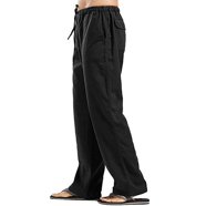 DYMADE Men's Casual Elastic Waist Pockets Drawstring Linen Pants ...