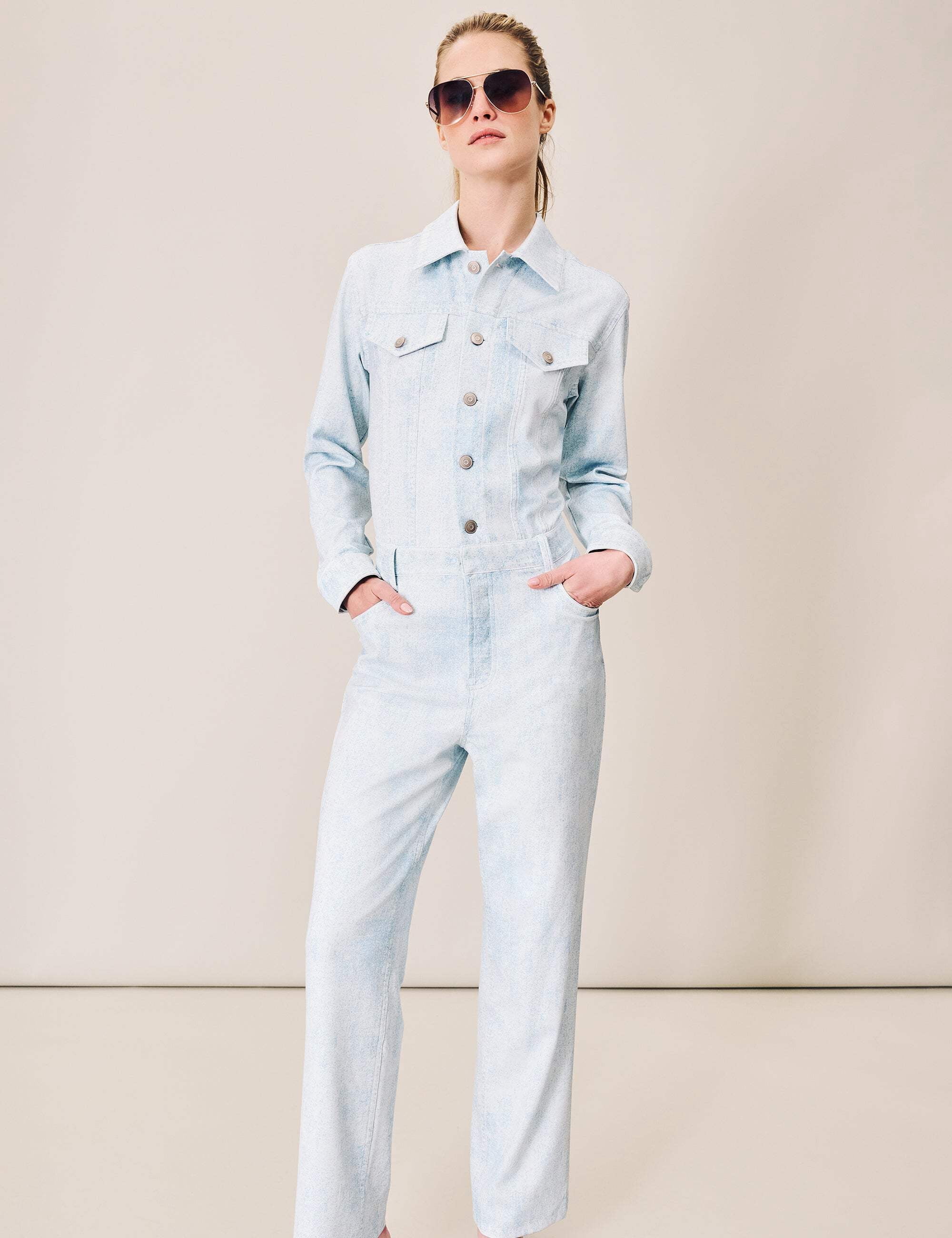 Long-Sleeve Printed Denim Athleisure White Acid Wash, Denim Jumpsuit ...