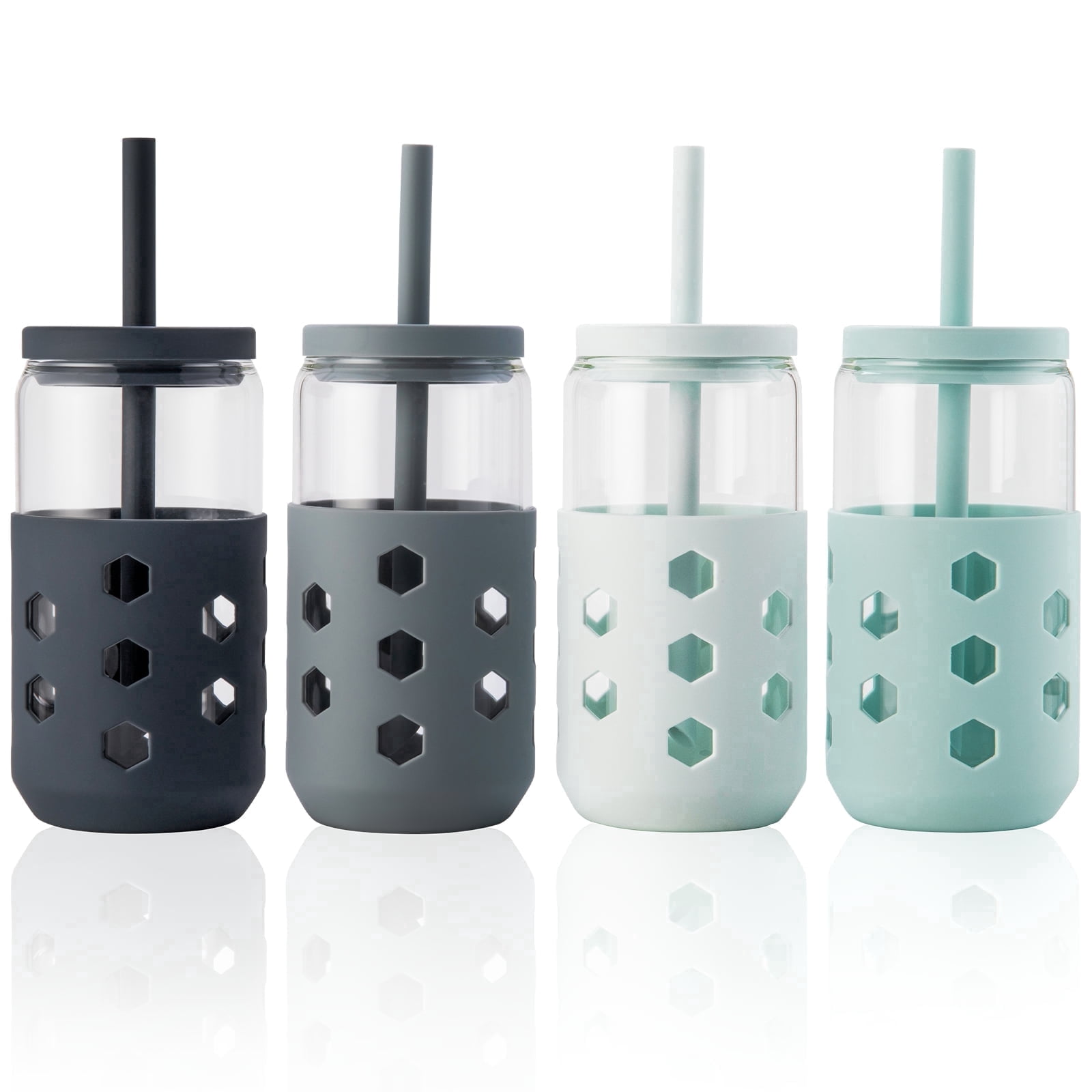 Mrsdry Glass Cups with Silicone Lids & Straws, 16oz Reusable Glass ...