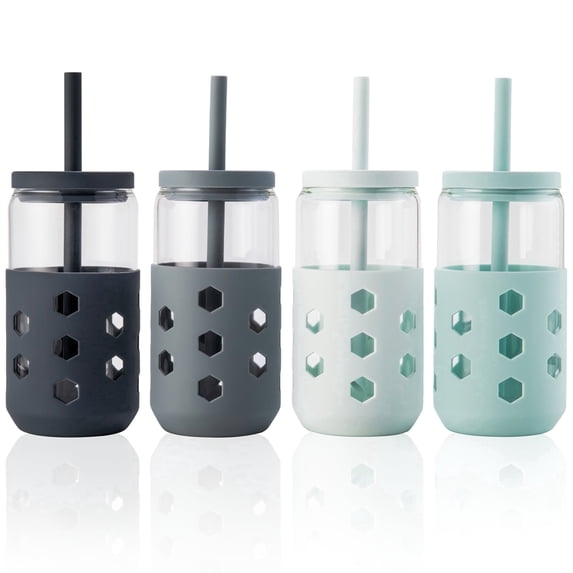 Mrsdry Glass Cups with Silicone Lids & Straws, 16oz Reusable Glass ...
