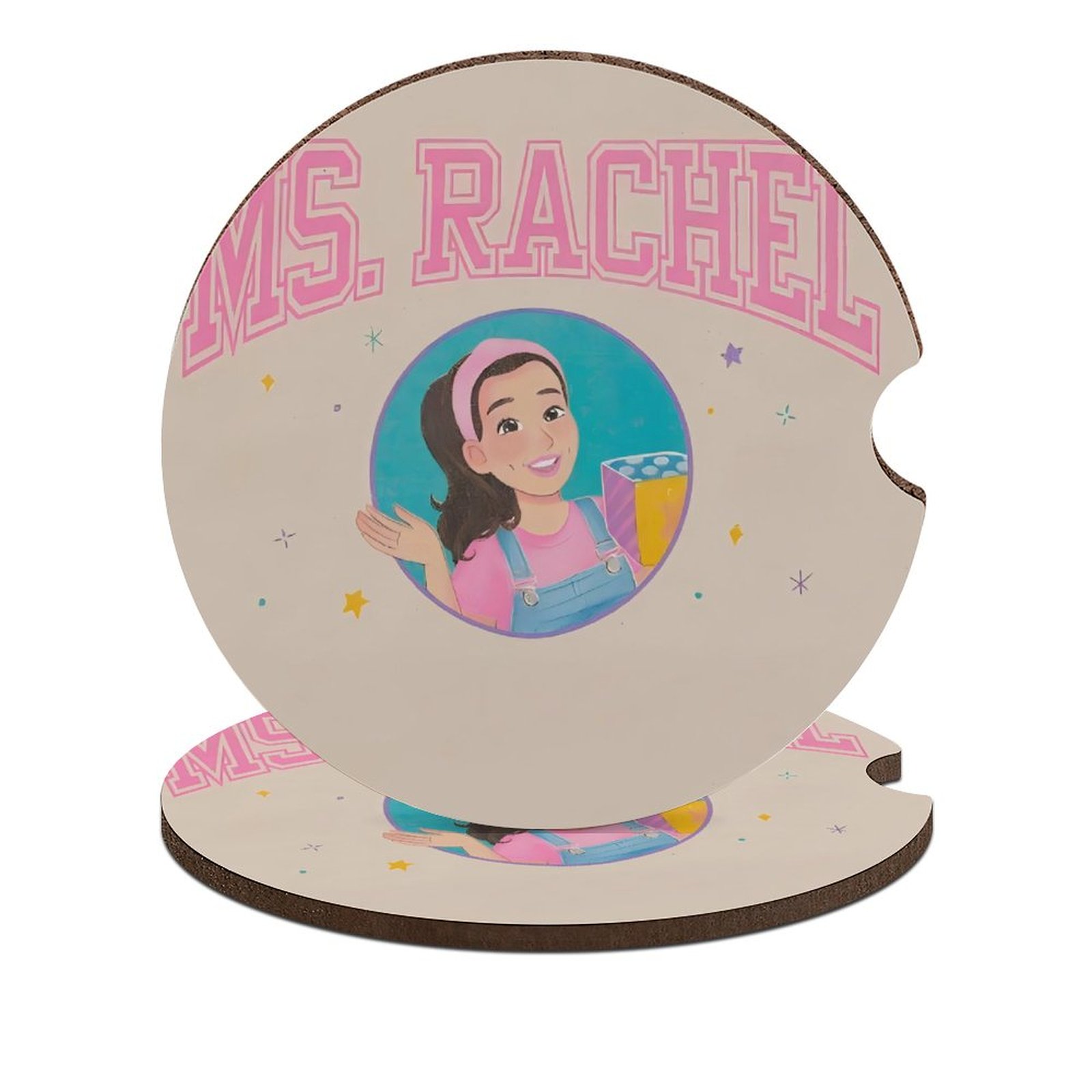Ms. Rachel Cartoon car coaster with finger notches and cork base car ...
