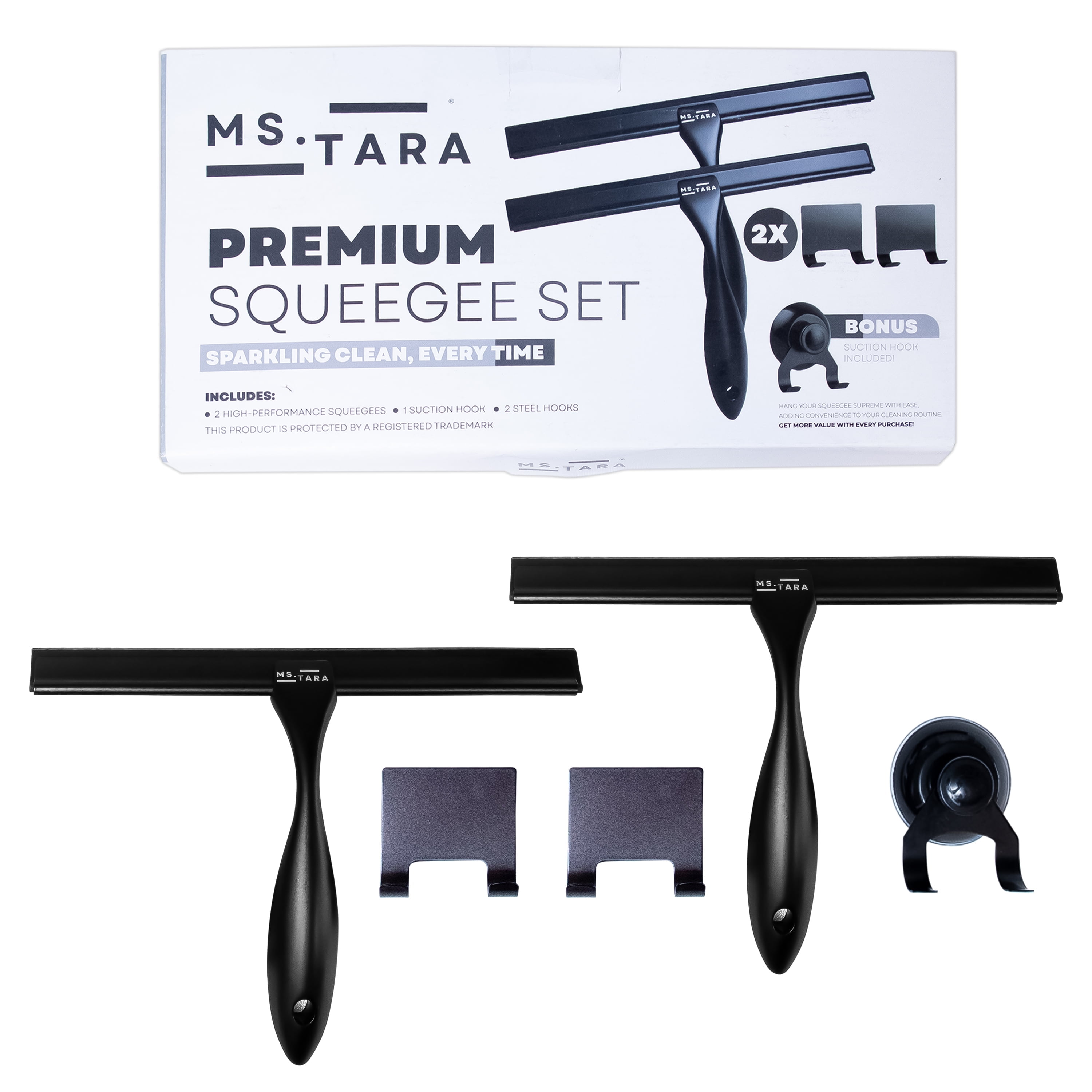 Ms. Tara Premium Squeegee Set - 2-Pack with 2 Hooks and 1 Extra Suction ...