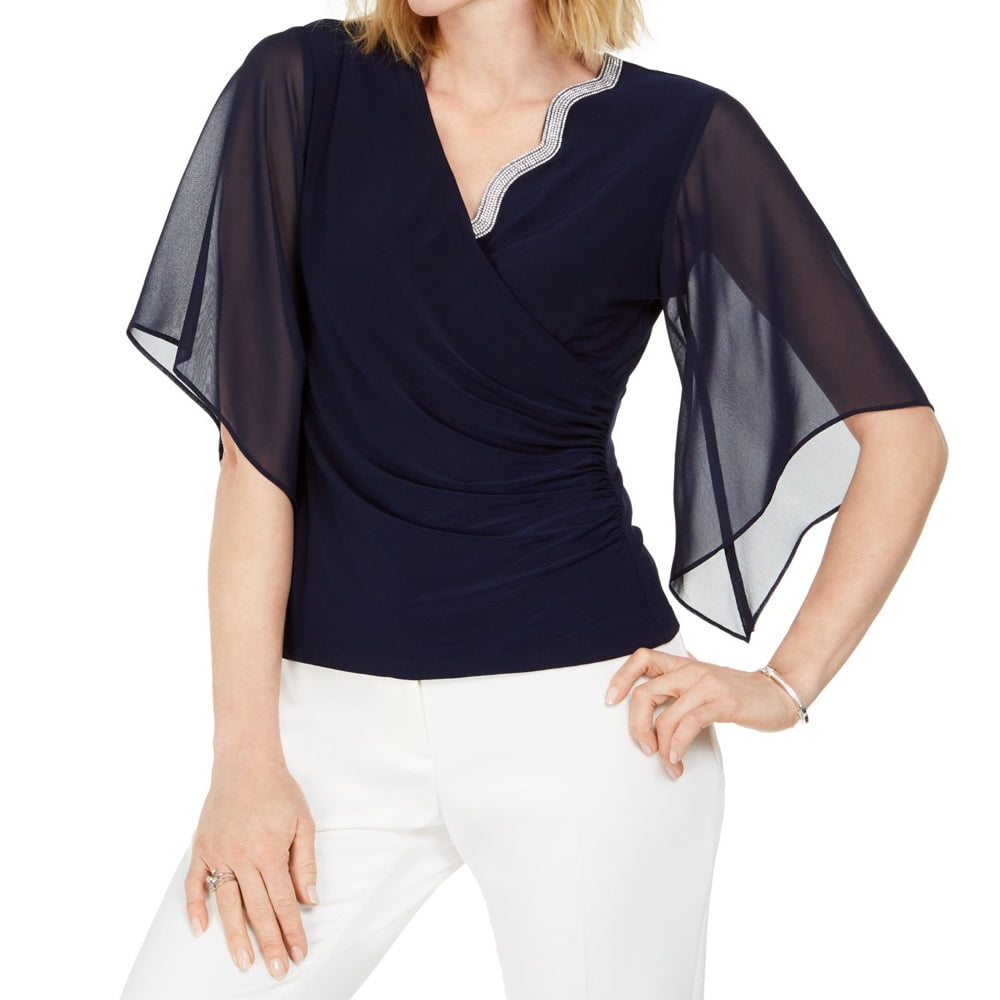 Msk Embellished Chiffon Sleeve Top Womens,Navy/Blue,Medium - Walmart.com