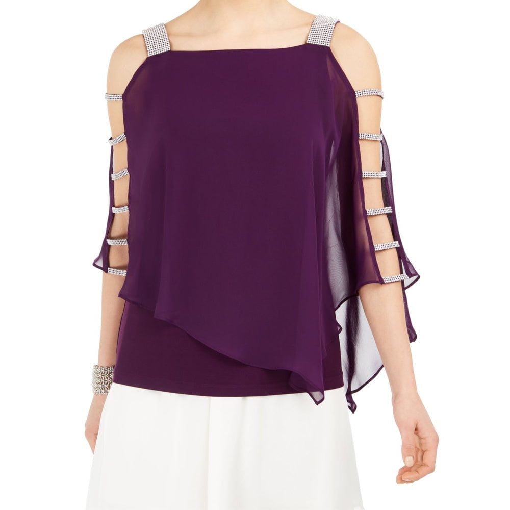 Msk Embellished Cold Shoulder Top Womens,Plum Purple/Silver,Large ...