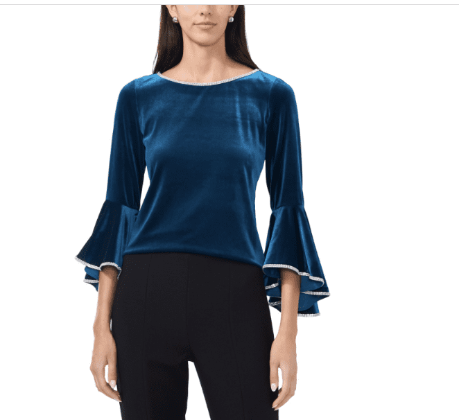 Msk Women's Embellished Velvet Ruffled Bell-Sleeve Top - Navy - Walmart.com