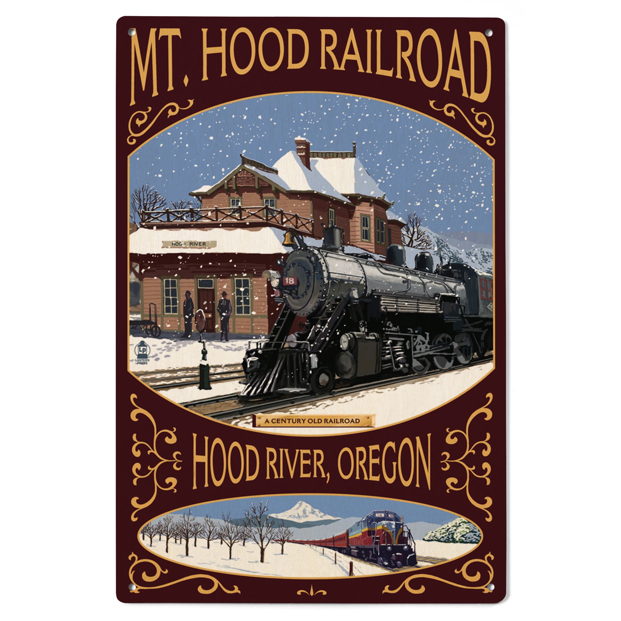 Mt. Hood Railroad Winter Scene, Hood River, OR Birch Wood Wall Sign ...