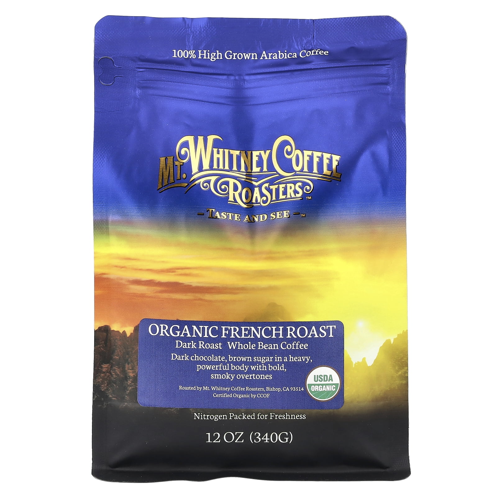 Mt. Whitney Coffee Roasters Organic French Roast, Whole Bean Coffee, Dark Roast, 12 oz (340 g ...
