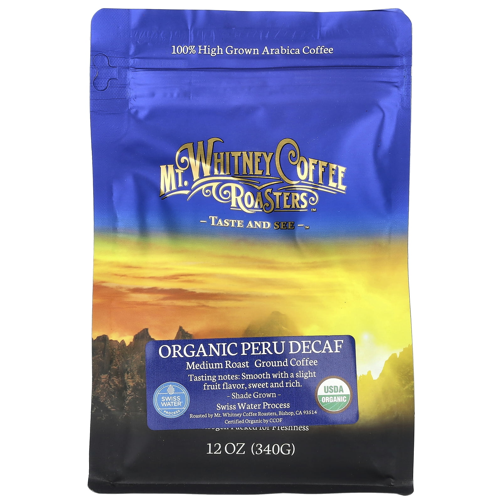 Mt. Whitney Coffee Roasters Organic Peru Decaf, Ground Coffee, Medium Roast, 12 oz (340 g ...