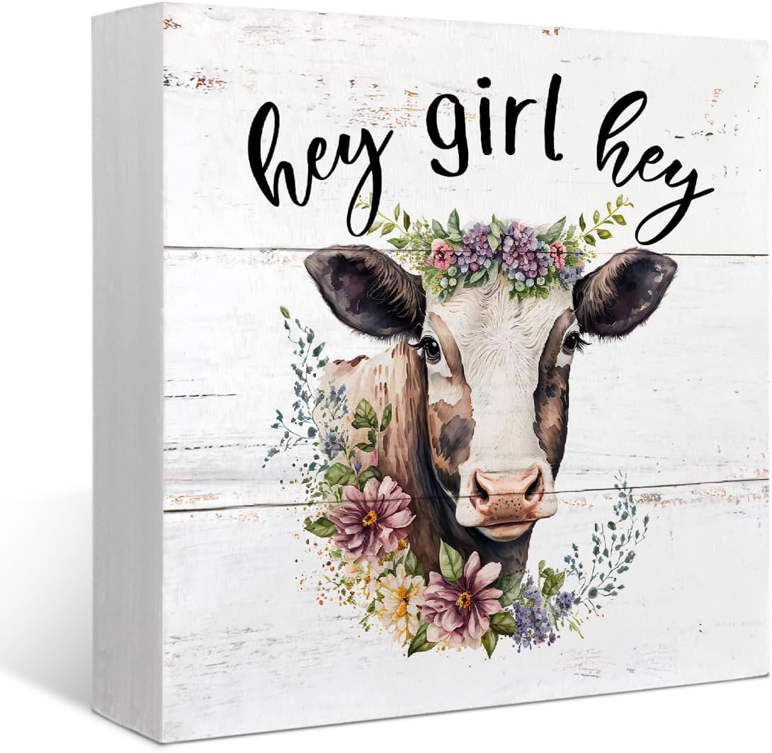Mtrgdn Hey Girl Hey Watercolor Floral Cow Wood Box Sign Desk Decor Farm ...