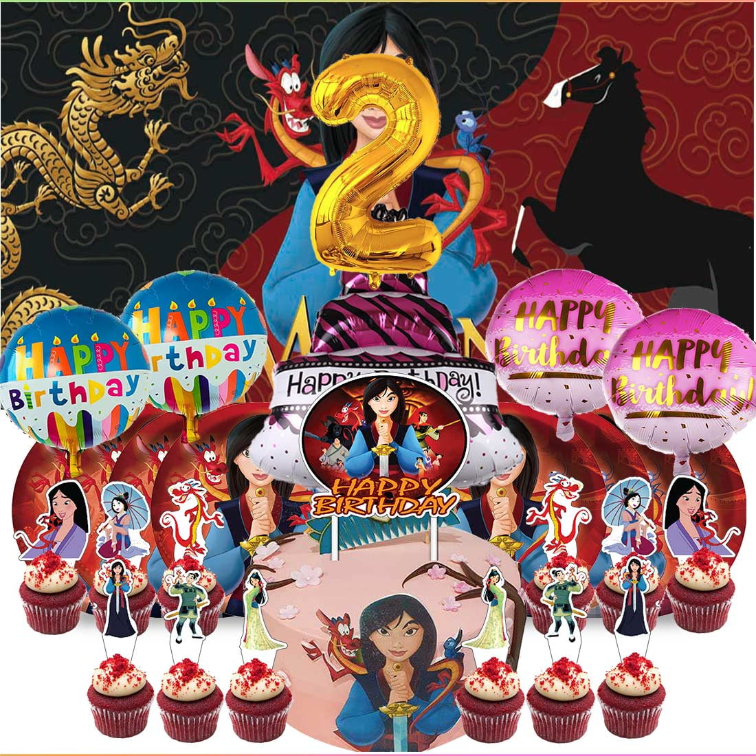 Mu lan Princess 2nd Tableware Balloons Cake Toppers Backdrop Banner ...