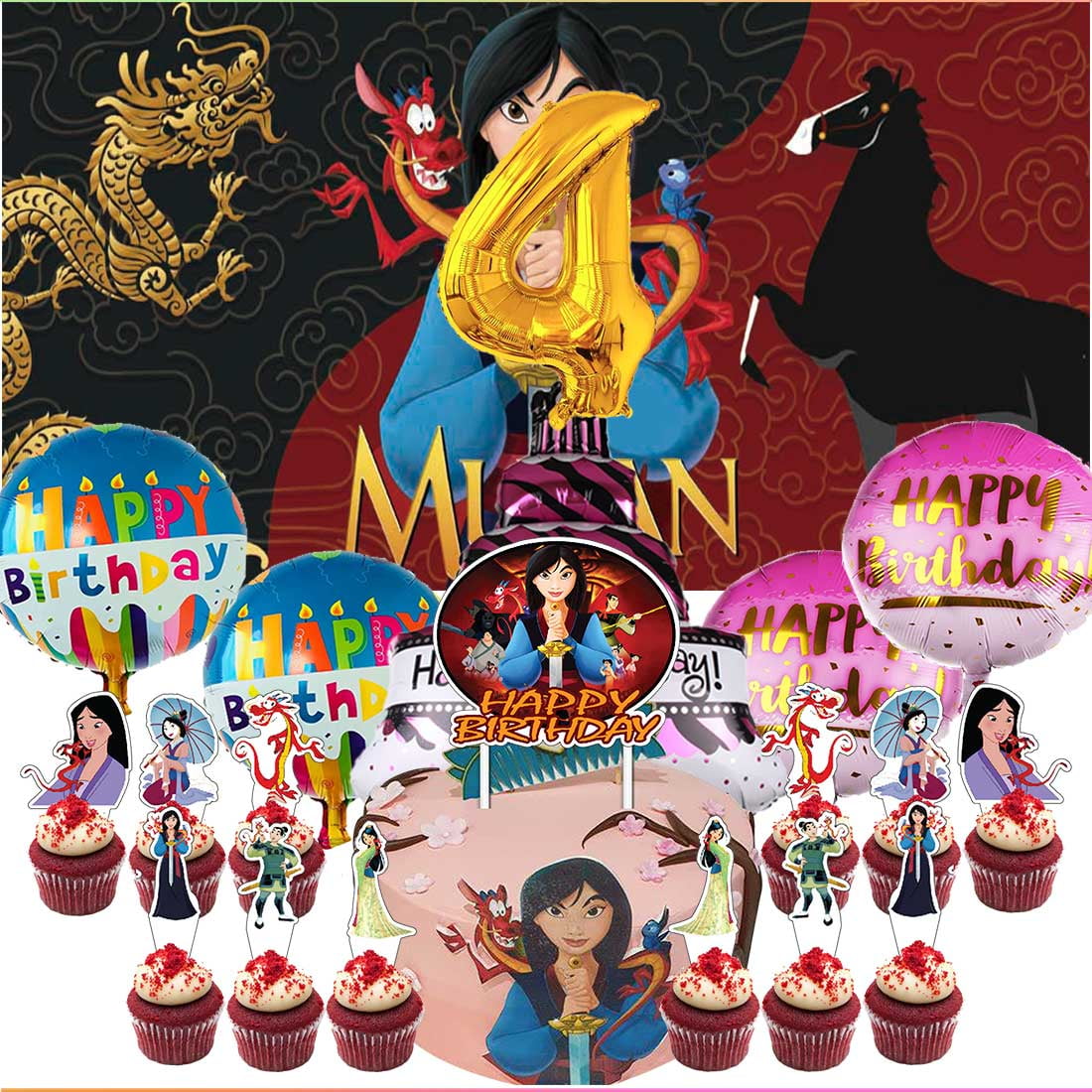 Mu lan Princess Party Supplies Decor 4th Kit Balloons Birthday Cake ...