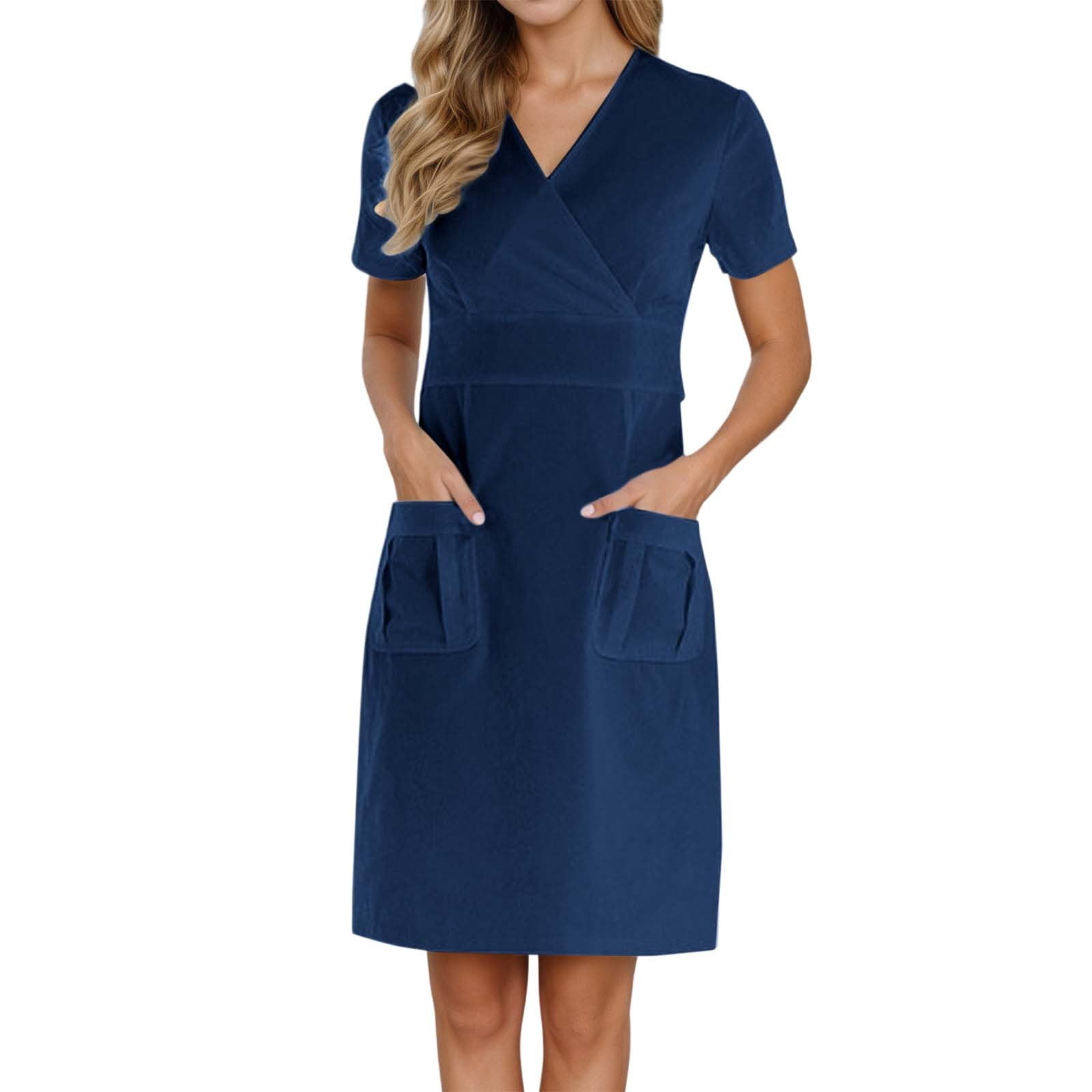 MuXiKeJi Scrub Dresses for Women Casual Solid Color Short Sleeve Nurse ...